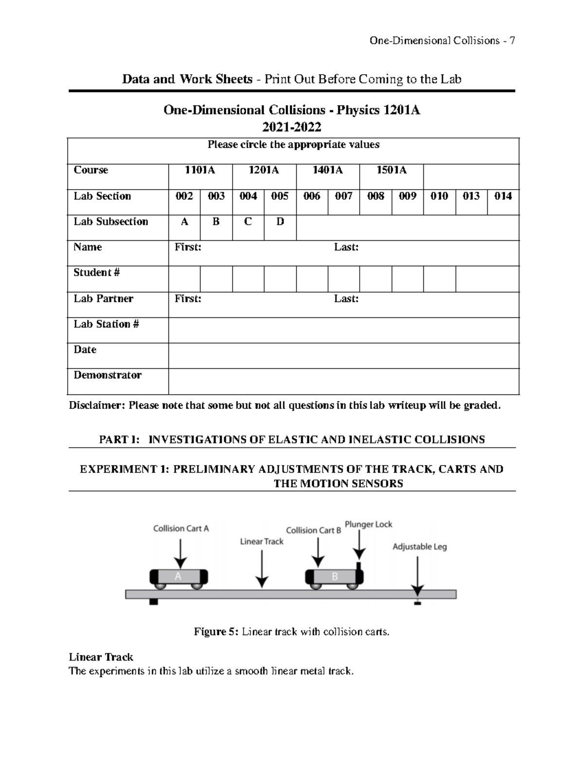 Phys1201 Collisions Worksheets - Data and Work Sheets - Print Out ...