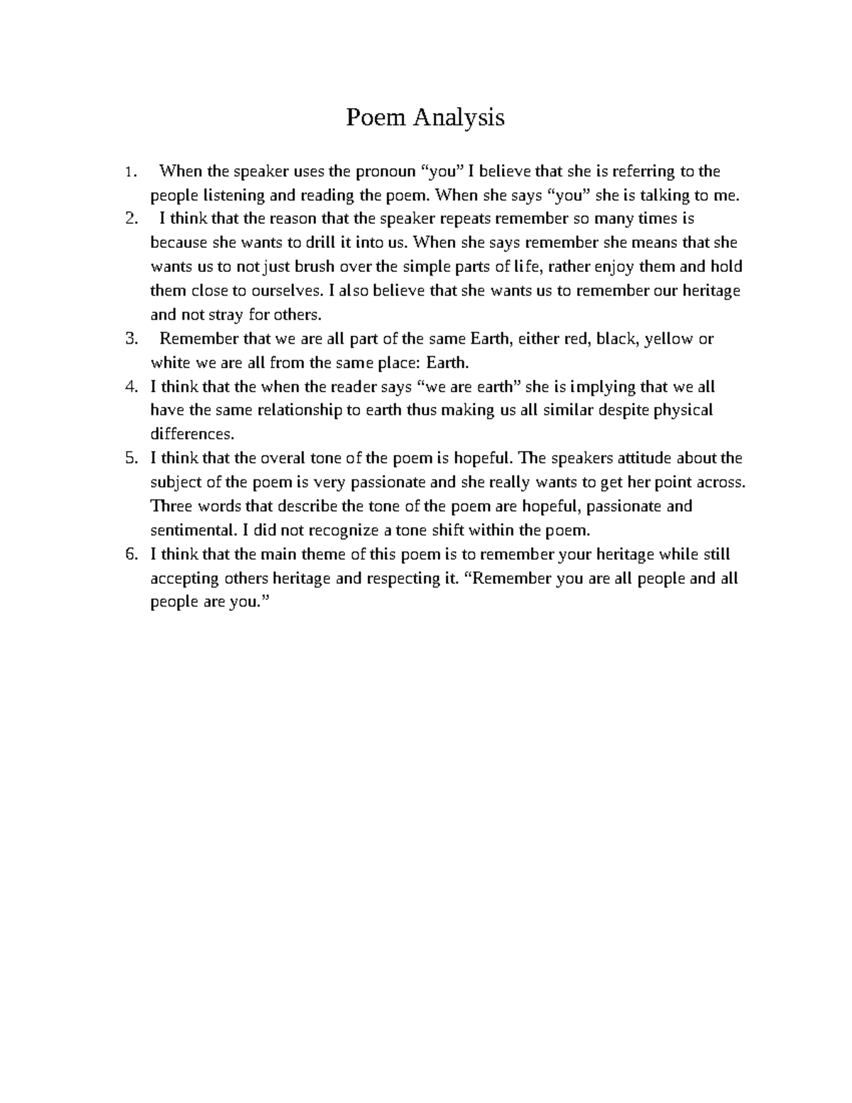 Joy Harjo's Remember Poem analysis - Google Docs - Poem Analysis 1 ...