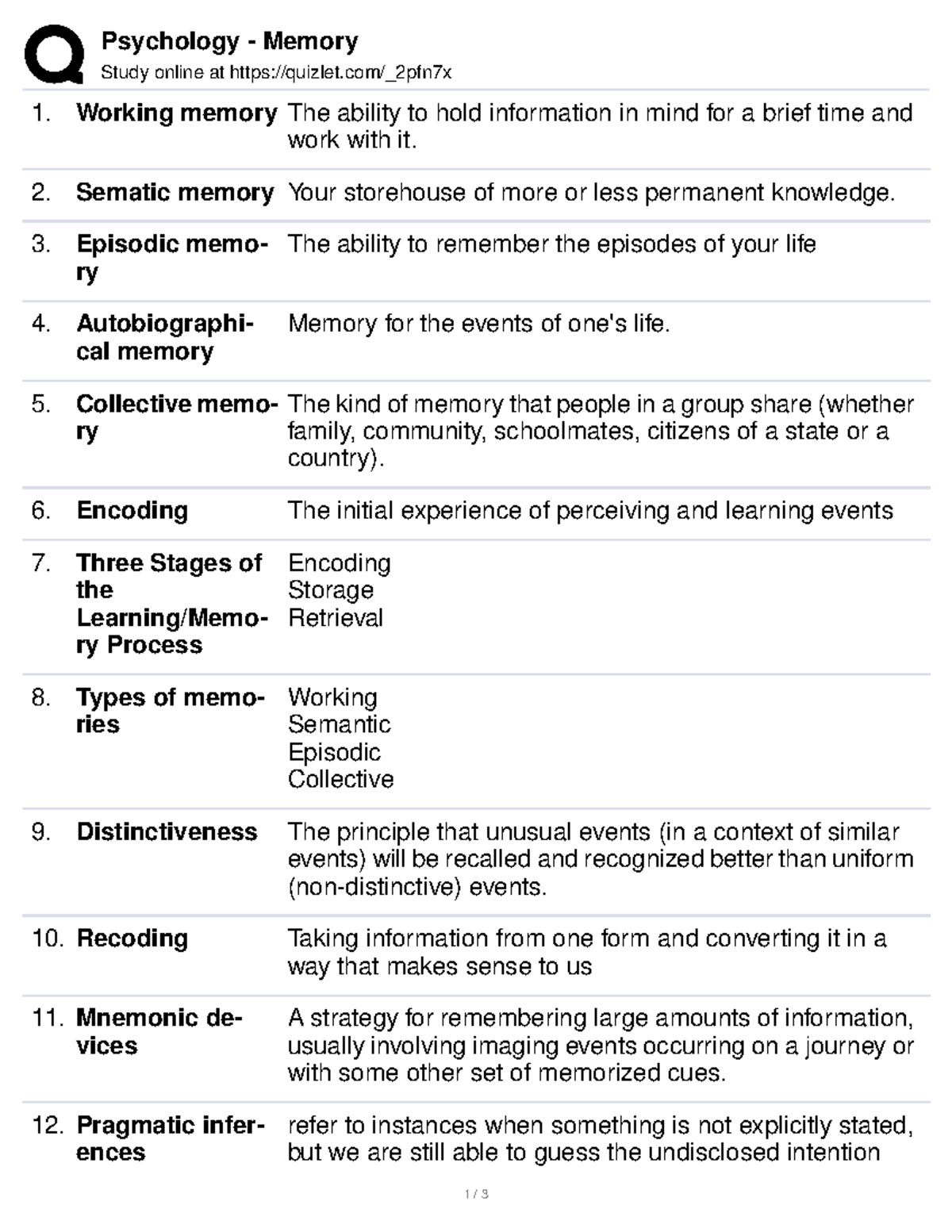 Psychology - Memory - 1 - Psychology - Memory Study online at quizlet ...