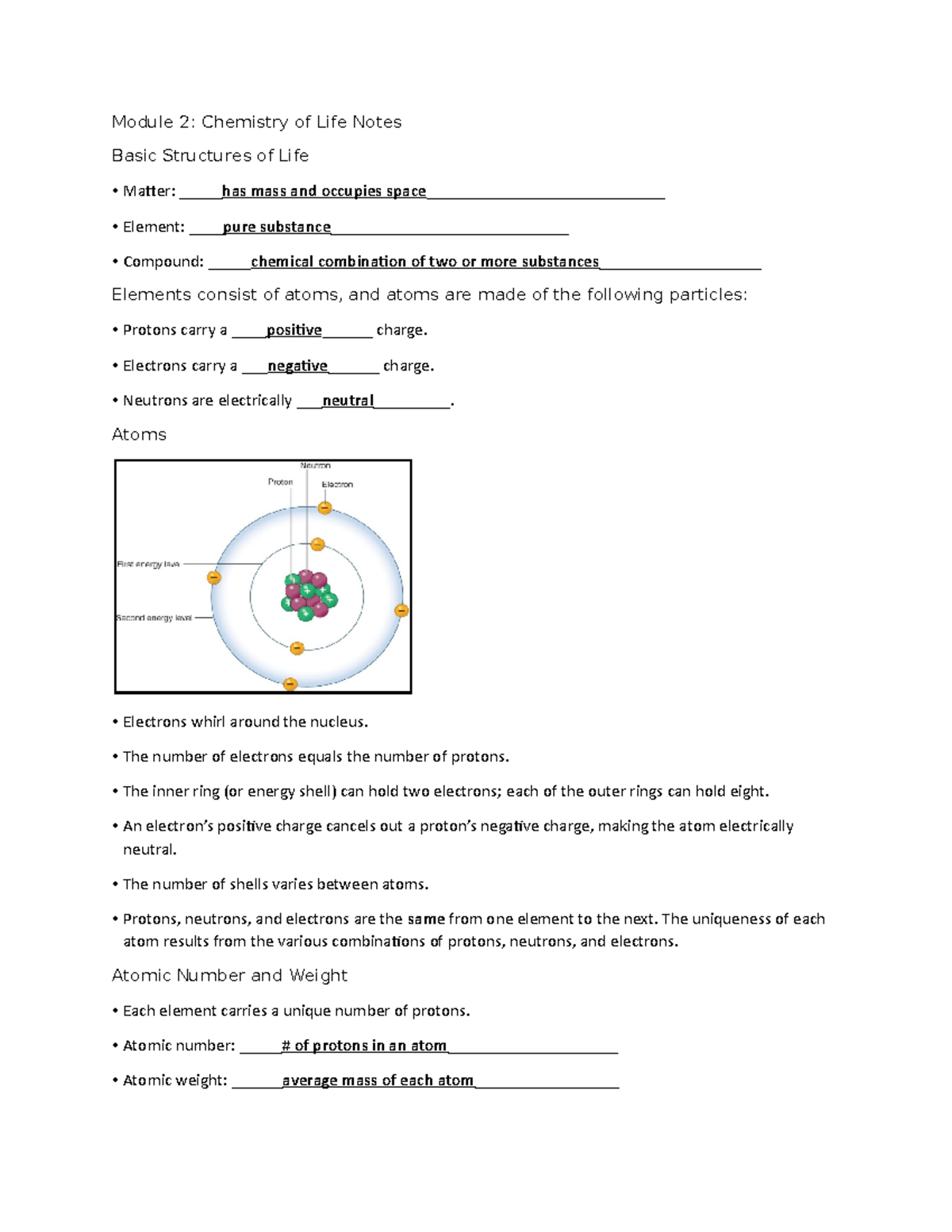 Module 2 - Chemistry of Life - Electrons carry a negative___ charge ...