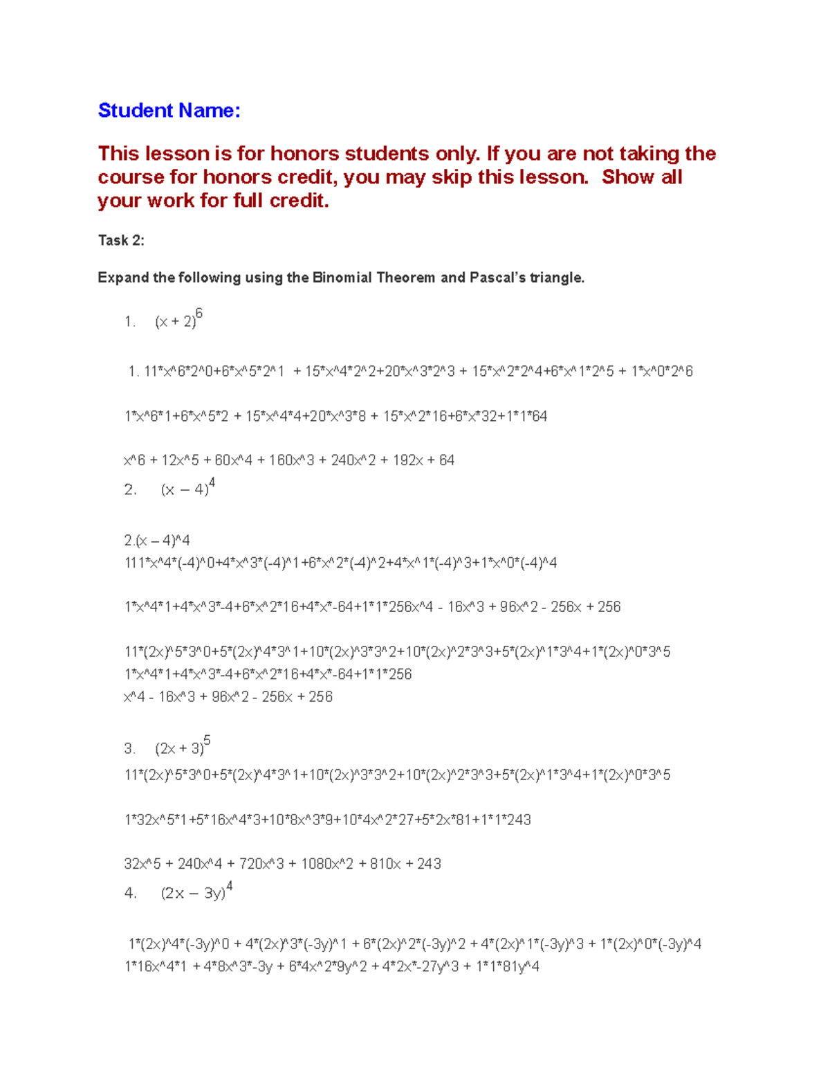 Copy of Seg 1 Honors Template Task 2 - Student Name: This lesson is for ...