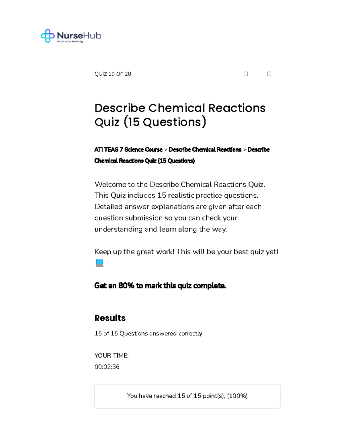 Describe Chemical Reactions Quiz Nurse Hub - ATI TEAS 7 Science Course ...