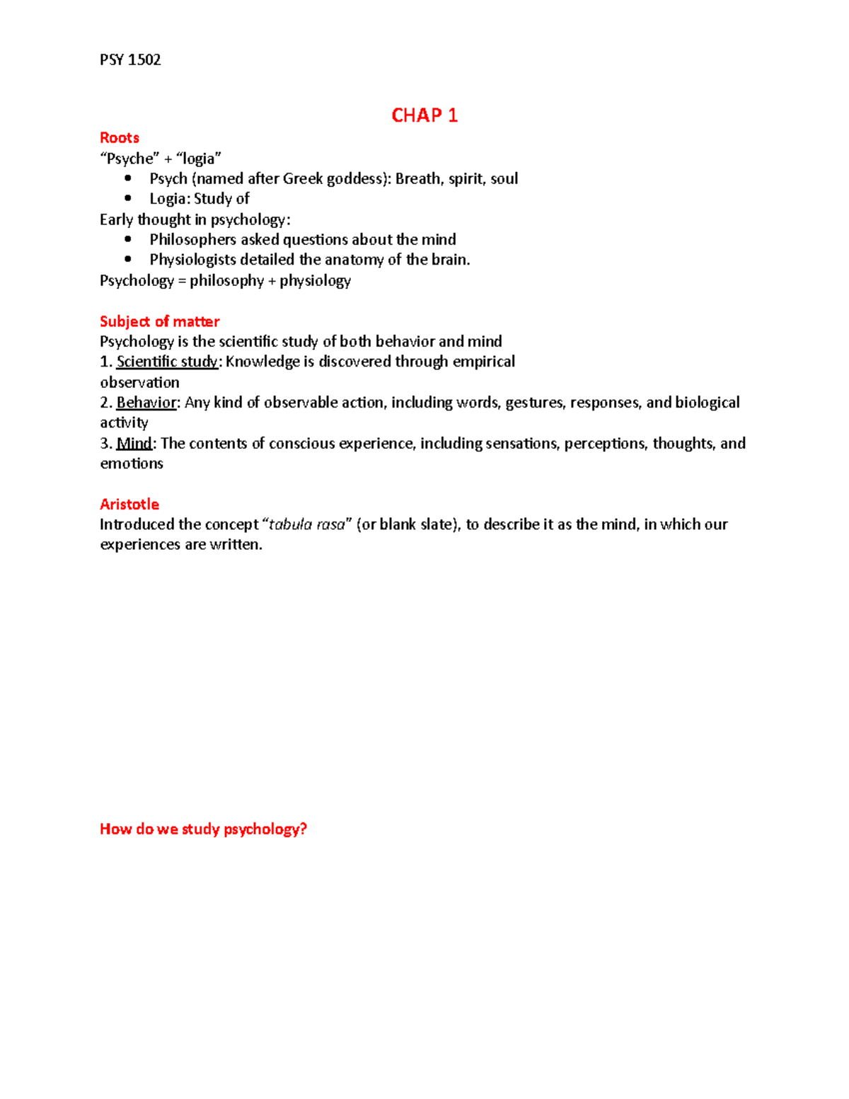 Chap 1 - lecture notes chap 1 - CHAP 1 Roots “Psyche” + “logia” Psych ...