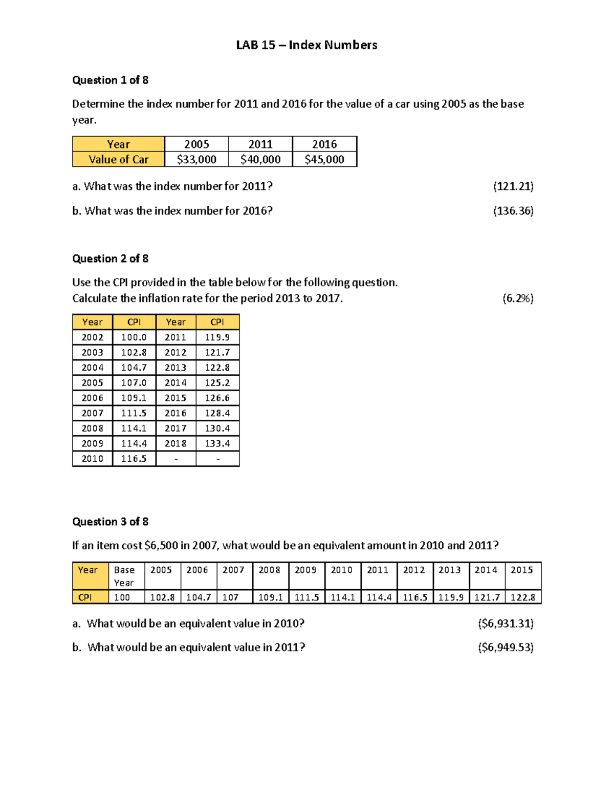 LAB 15 - Index Numbers - Exercises - LAB 15 – Index Numbers Question 1 ...