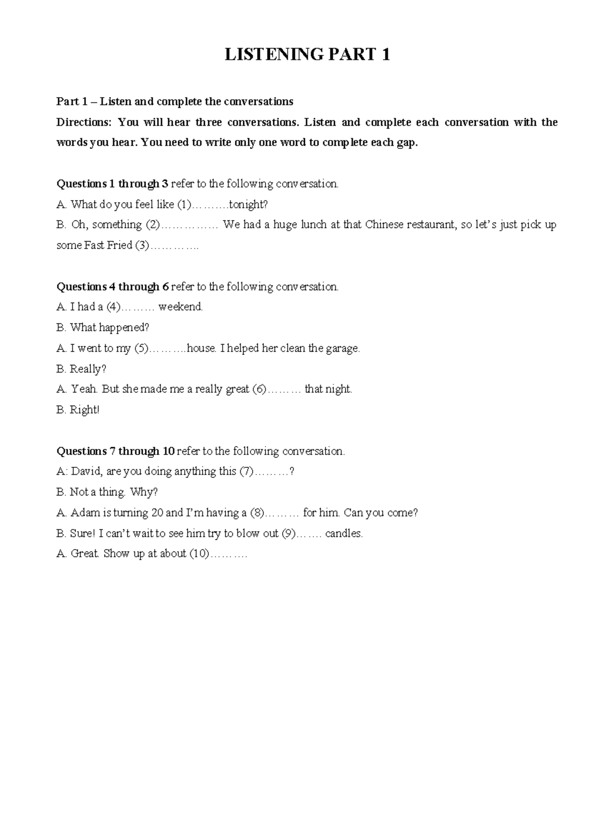 03. Thực hành listening Part 1 - LISTENING PART 1 Part 1 – Listen and ...