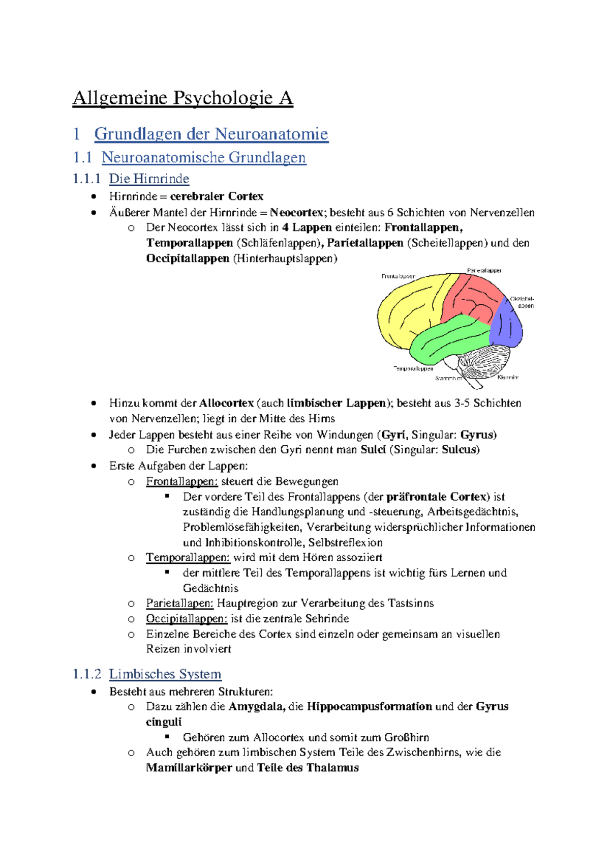 Zusammenfassung - Allgemeine Psychologie: Perzeption, Kognition und Handeln - Allgemeine ...