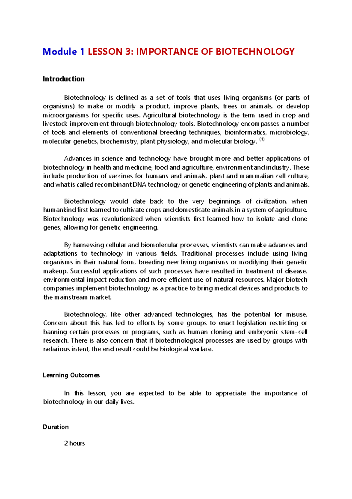 Module 1 Lesson 3 Importance of Biotechnology - Module 1 LESSON 3 ...