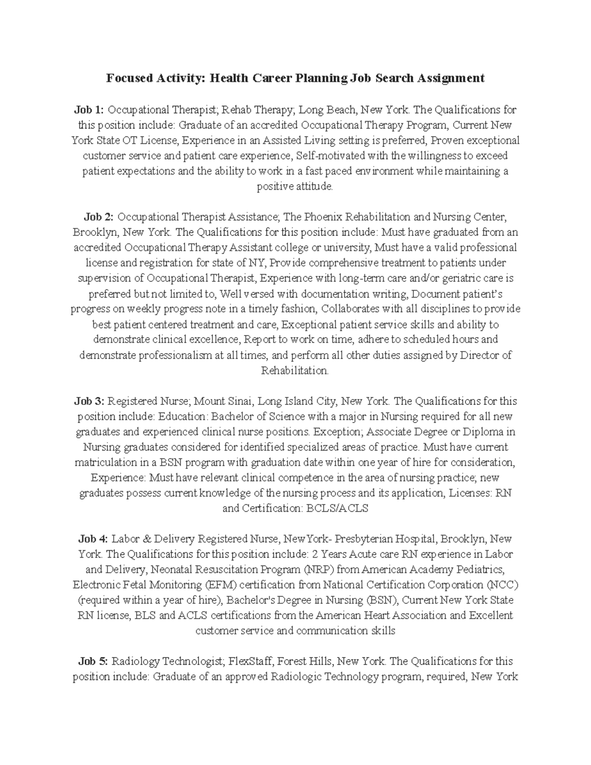 Focused Activity Health Career Job Search Assignment - Focused Activity ...