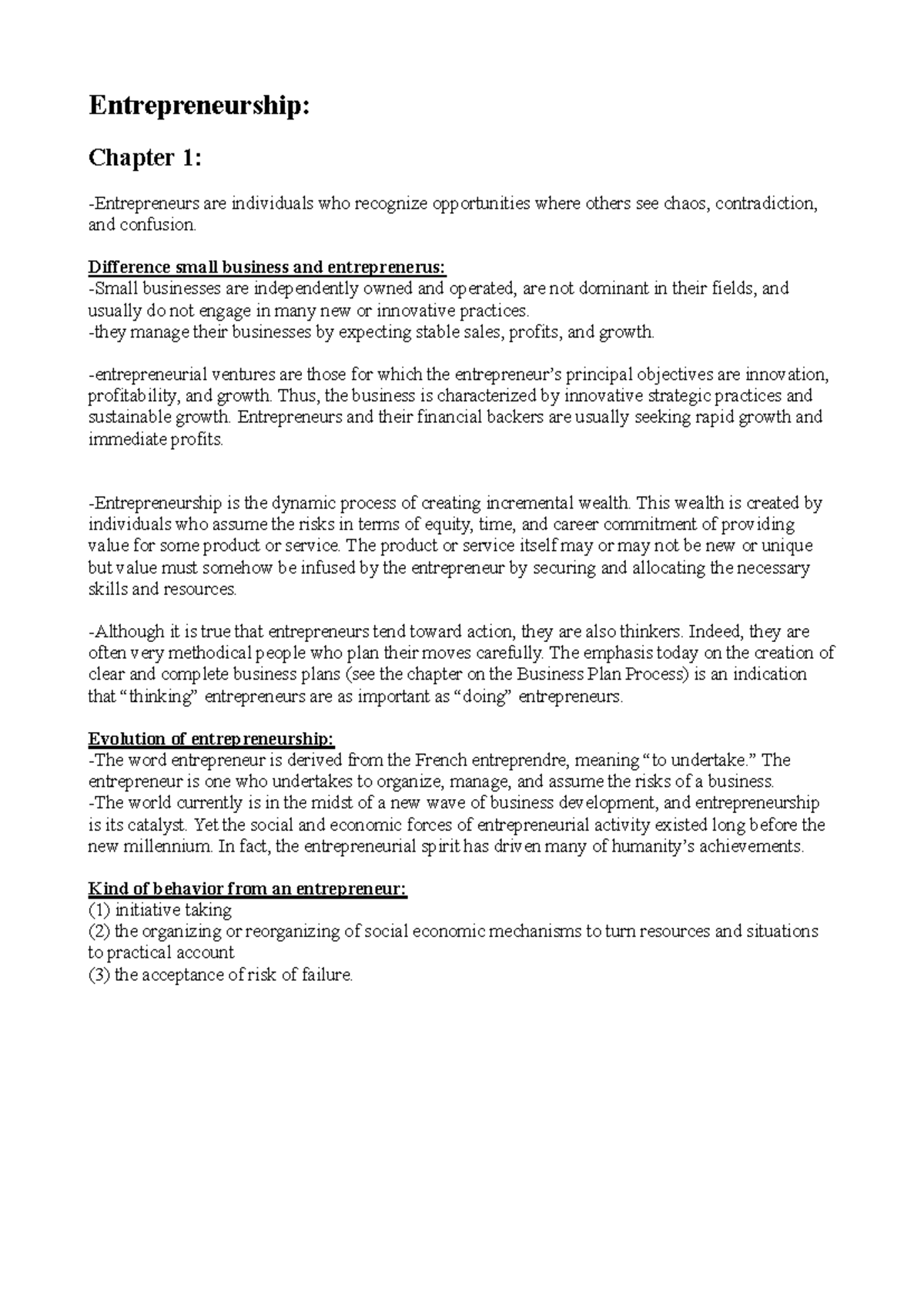 Entrepreneurship Summary - Entrepreneurship: Chapter 1: -Entrepreneurs ...