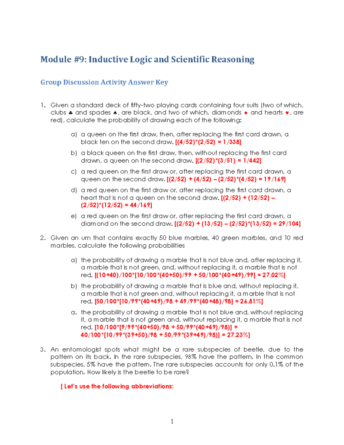 Discussion Activity 9 Answer Key - 1 Module #9: Inductive Logic and ...