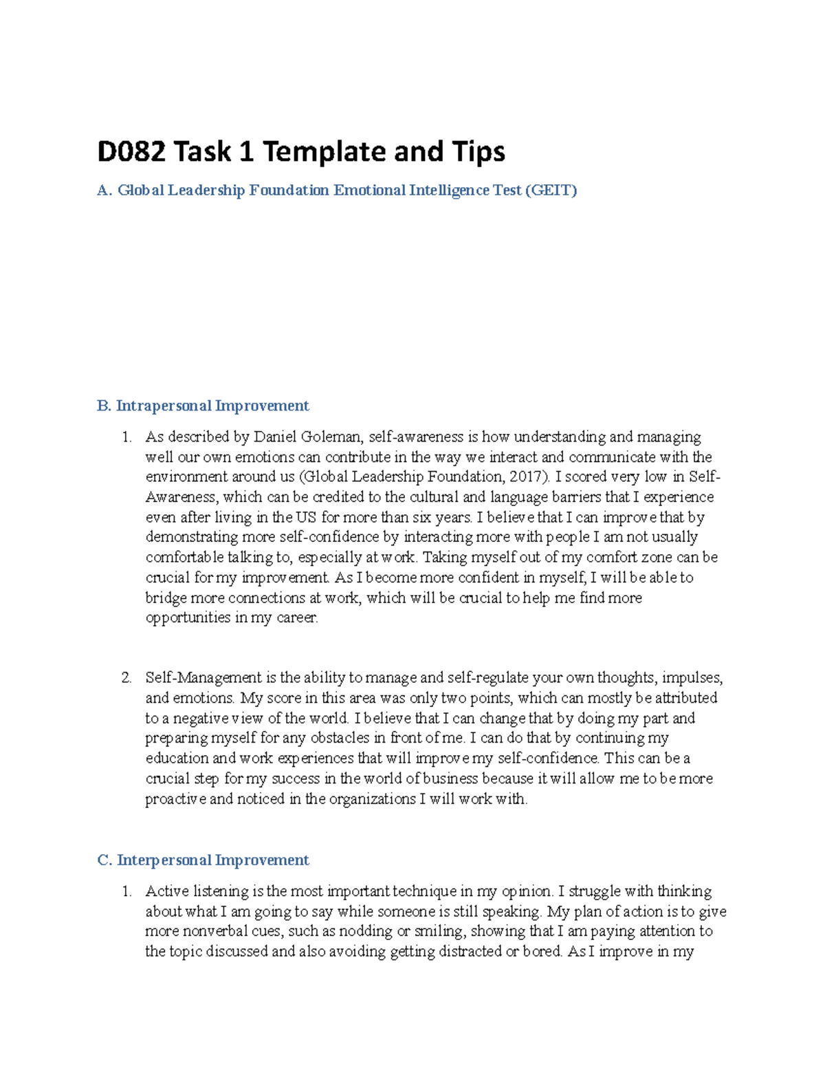 CHM1 TASK 1 - Eduardo Martins Pinto - D082 Task 1 Template and Tips A. Global Leadership ...