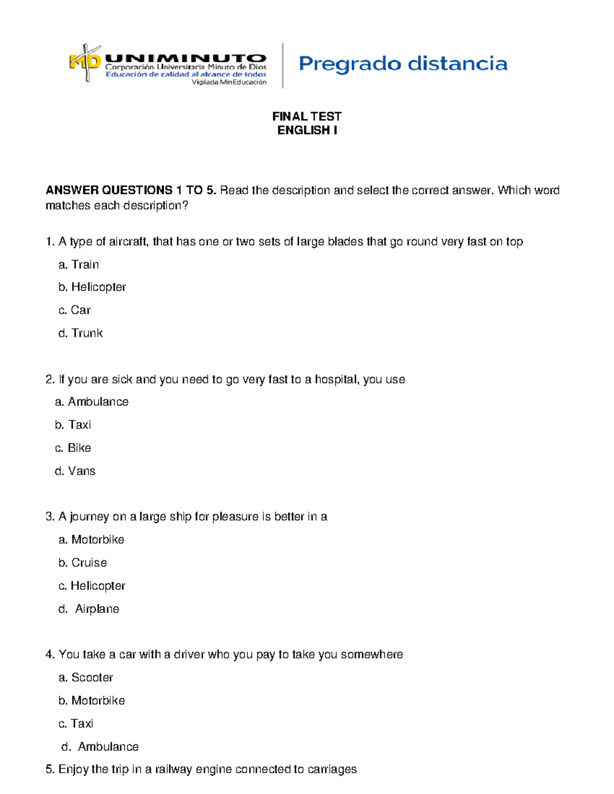 Final EXAM English I 2022 - FINAL TEST ENGLISH I ANSWER QUESTIONS 1 TO ...