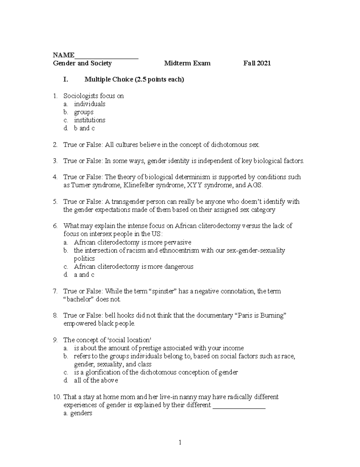 Exam1 - Fall 2021 - None - NAME__________________ Gender and Society ...