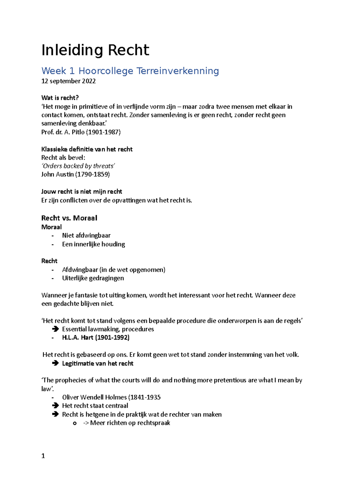 Inleiding Recht - Inleiding Recht Week 1 Hoorcollege Terreinverkenning ...