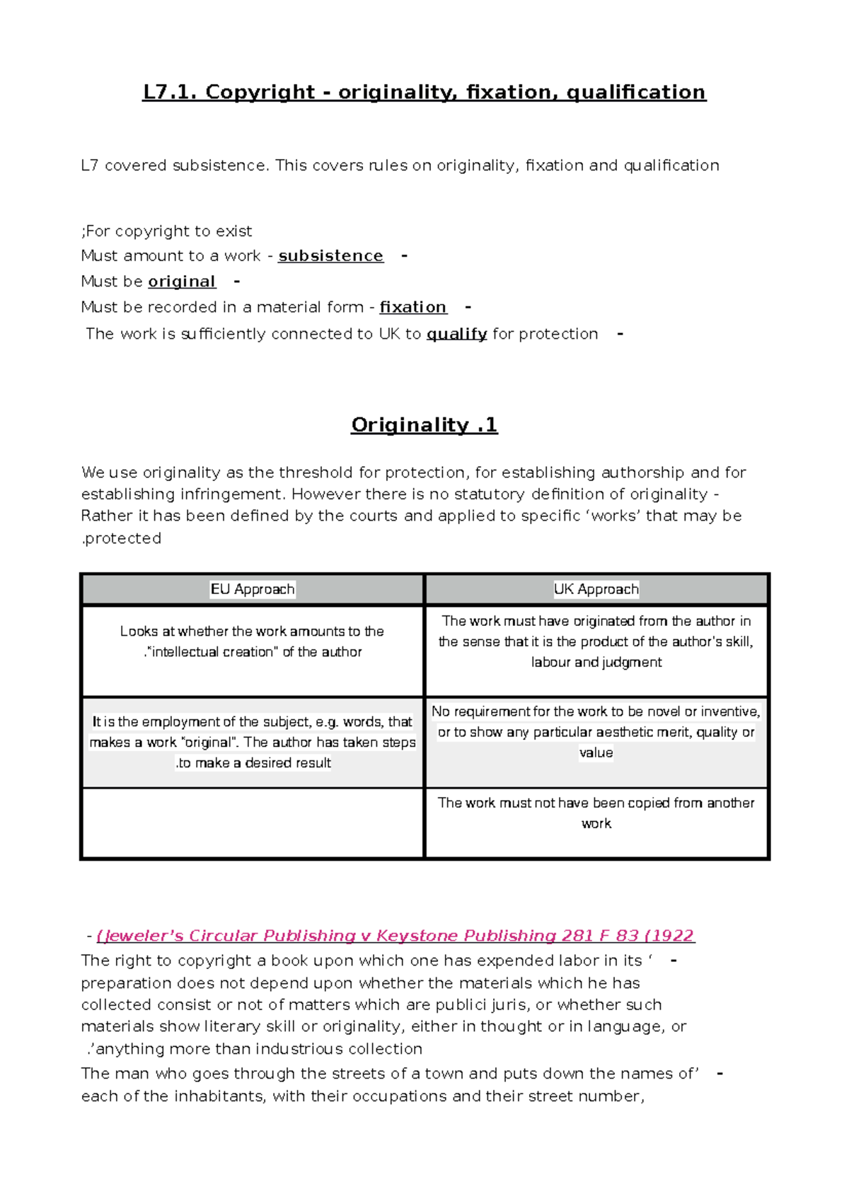 L7(1) Copyright - originality, fixation, qualification - L7. Copyright ...