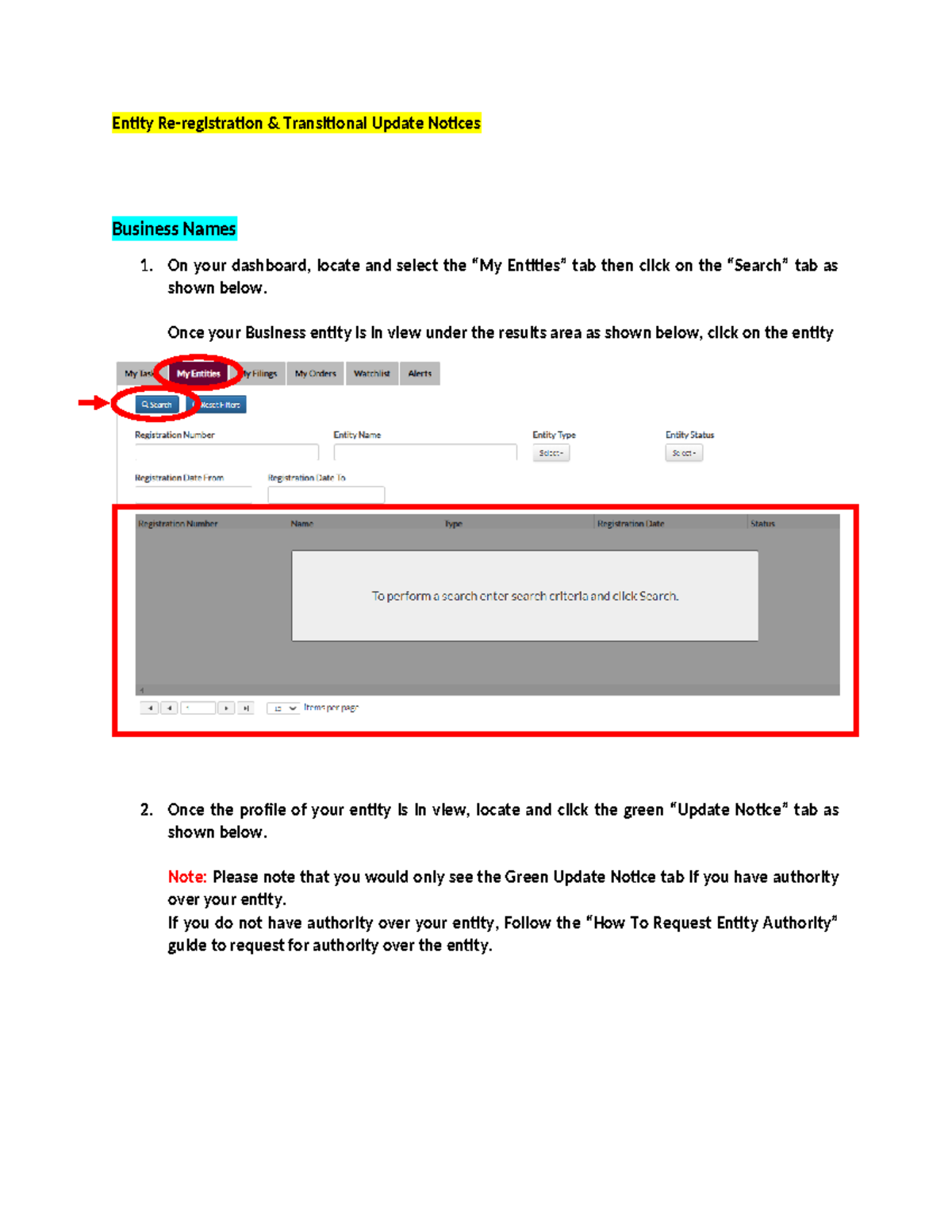 Entity Re-registration & Transitional Update Notices - Entity Re ...