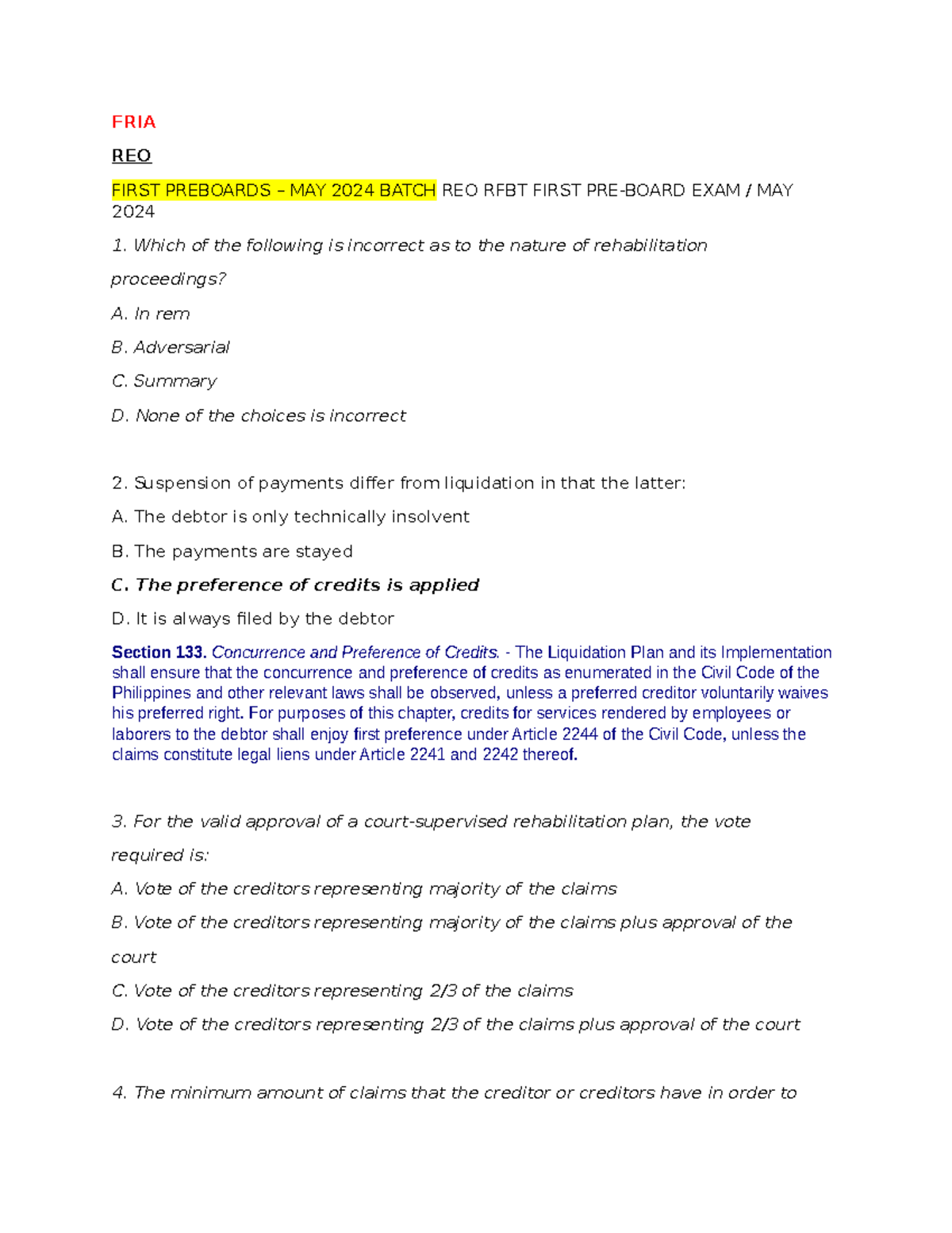 BLAW 1 Reviewer - RFBT - FRIA REO FIRST PREBOARDS – MAY 2024 BATCH REO ...