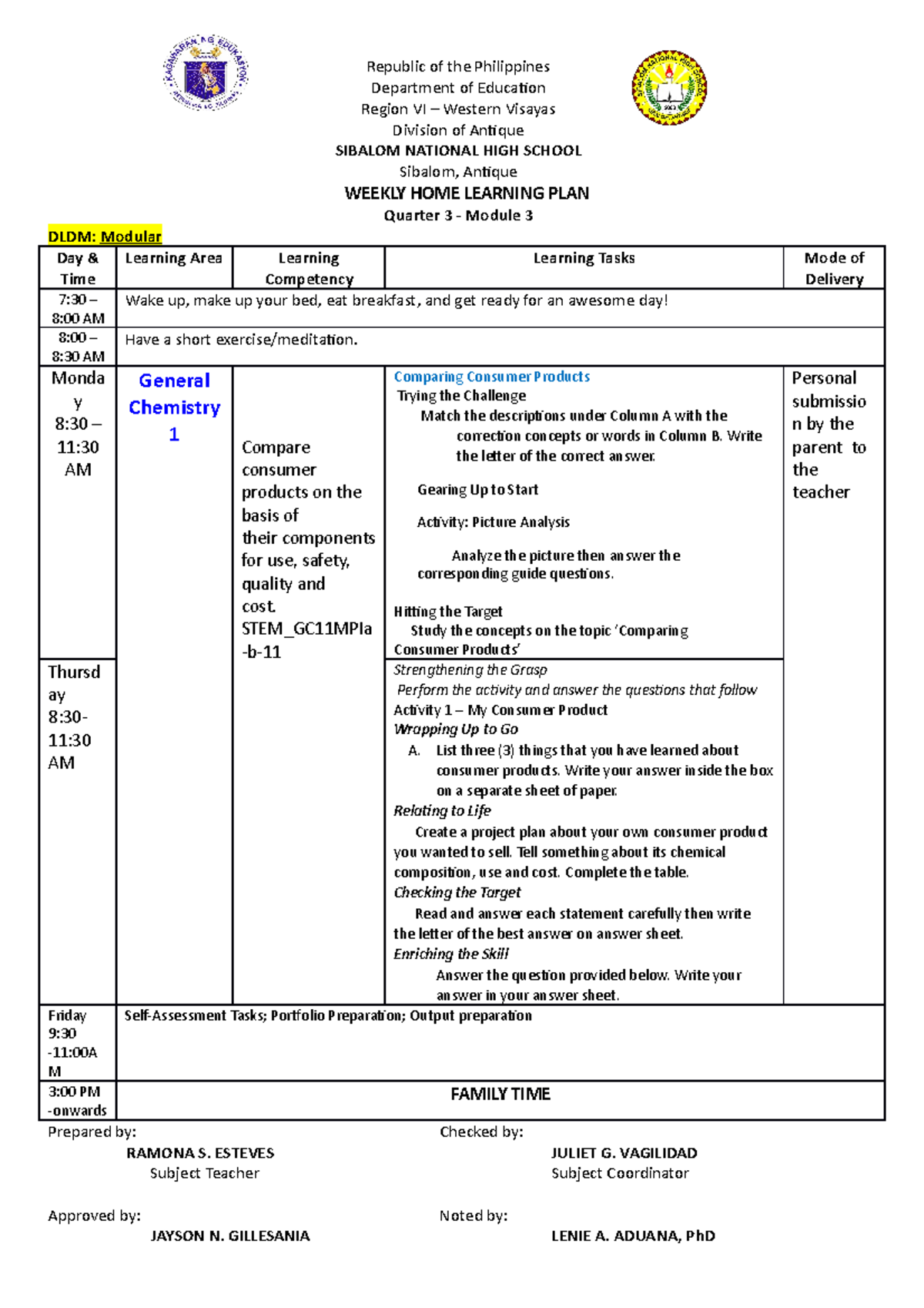 Mod 3 Weekly HOME Learning PLAN - Copy - Copy - Republic of the ...