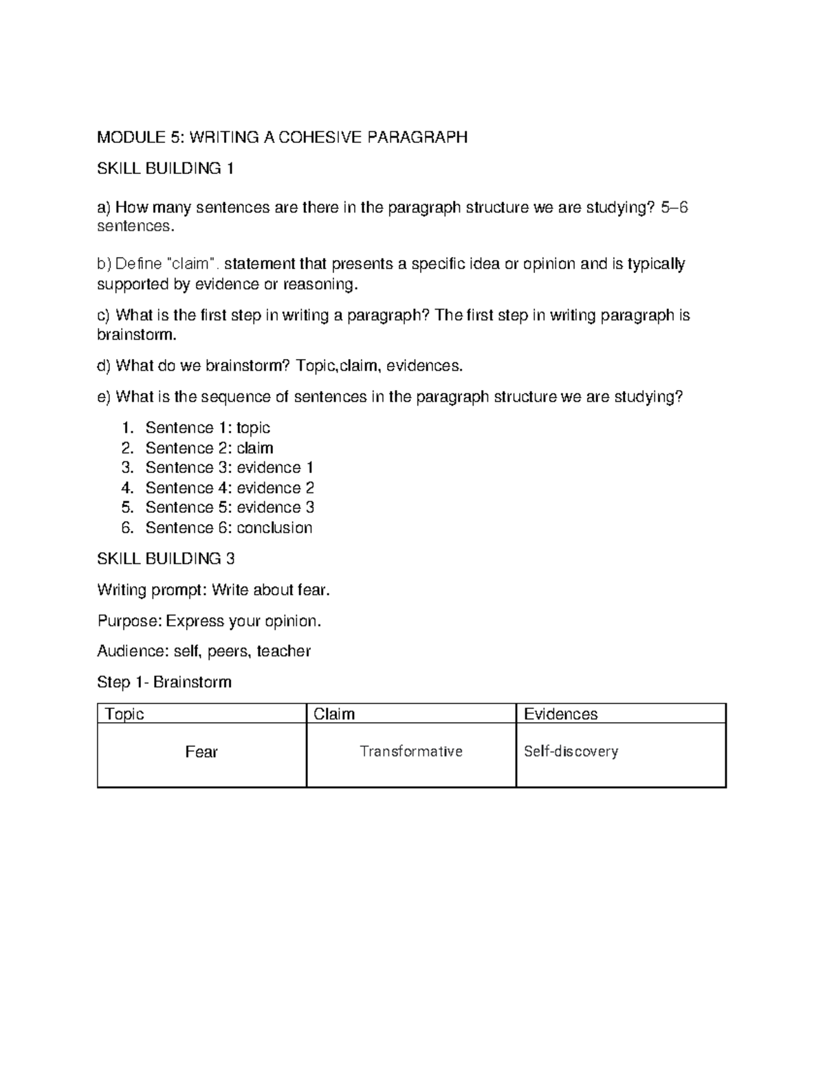 Module 5 - MODULE 5: WRITING A COHESIVE PARAGRAPH SKILL BUILDING 1 a ...