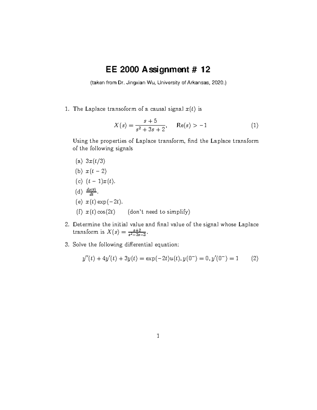 Assignment 12 - wef - ELEG 3124 Assignment # 12 The Laplace transoform ...