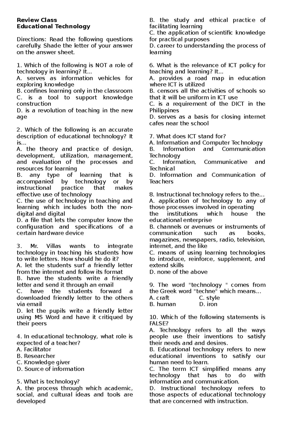 Ed tech - Practice Questions - Review Class Educational Technology ...