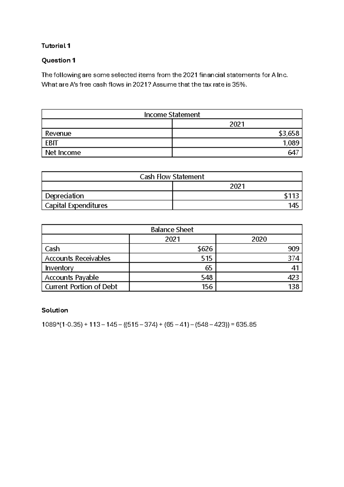 Tutorial 1 Solution - answer - Tutorial 1 Question 1 The following are some selected items from ...