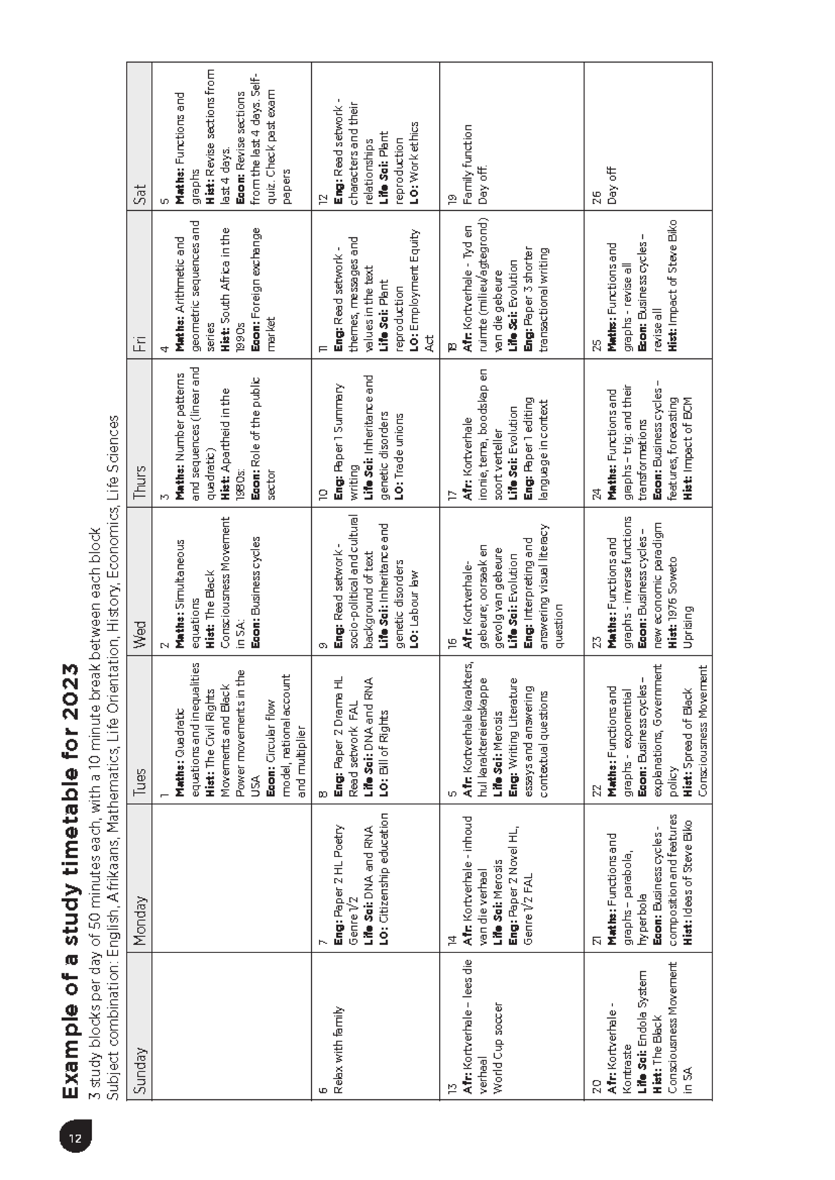 Printed Study Timetable-example - 12 Example of a study timetable for ...