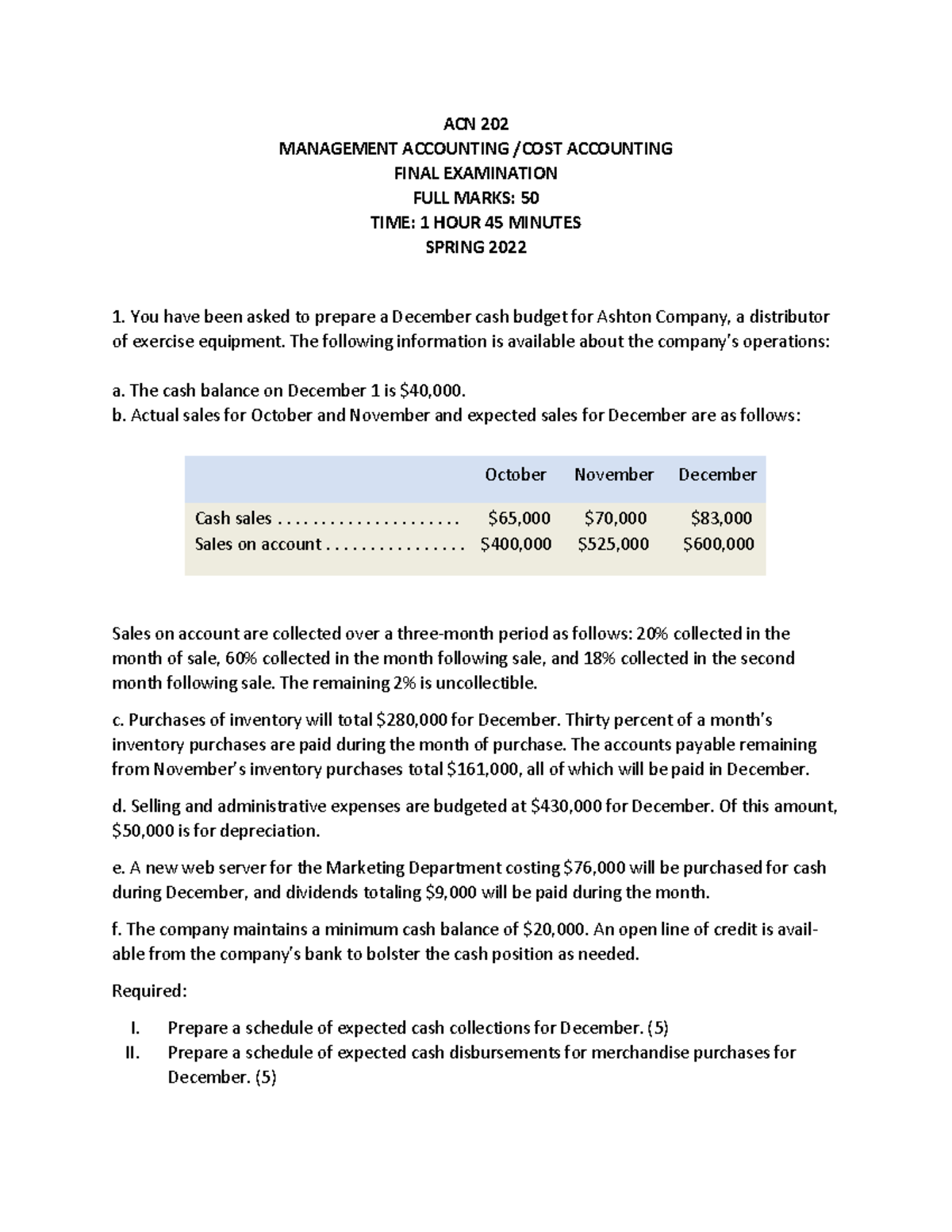 Final TERM Question Paper-ACN204-Cost and Management Accounting-Sec-1 - ACN 202 MANAGEMENT - Studocu