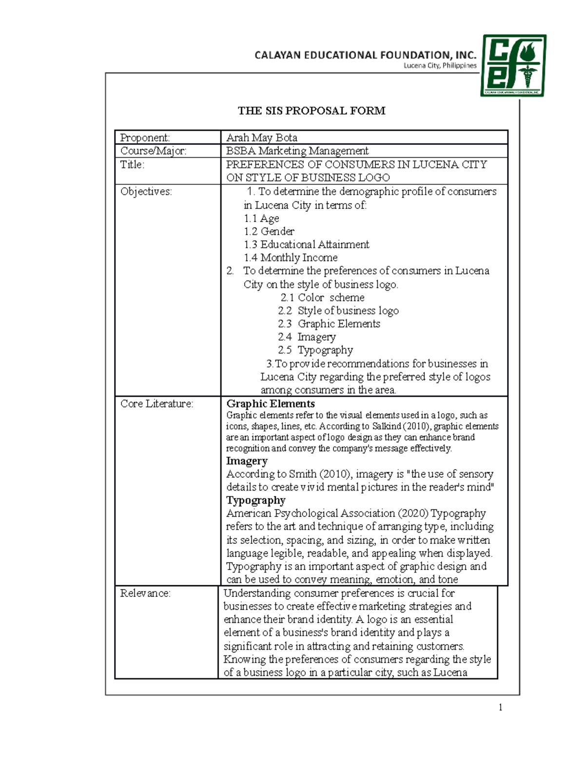 Bota Arah May Thesis Proposal - THE SIS PROPOSAL FORM Proponent: Arah ...