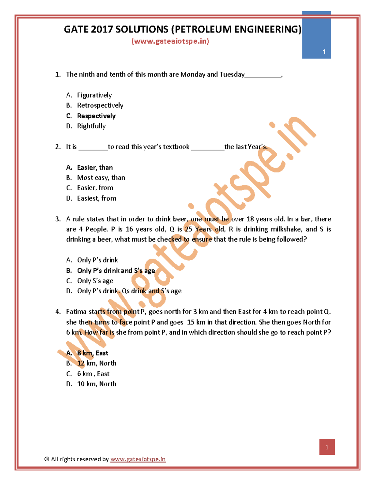 GATE 2017- Full Solutions Petroleum Engineering - (gateaiotspe) 1 1 The ...