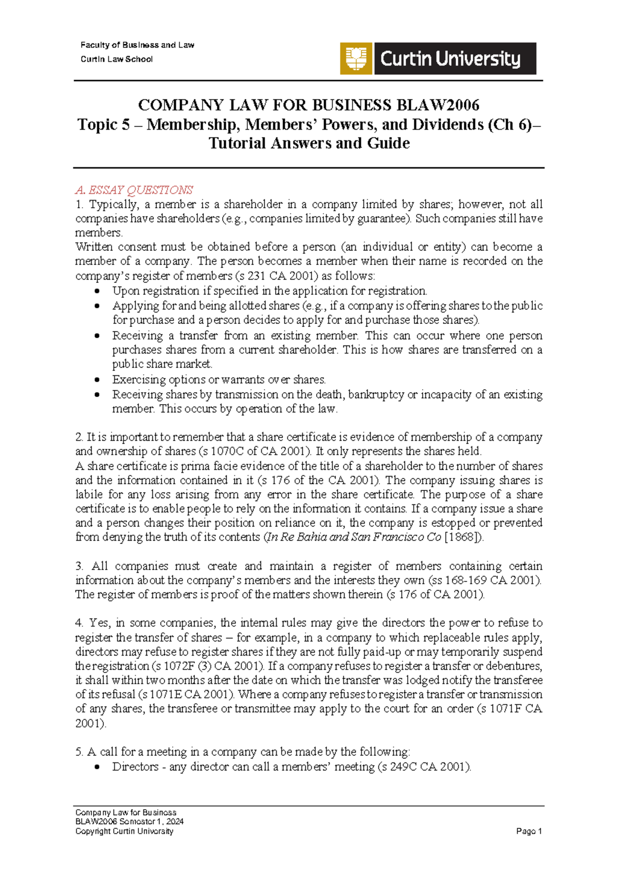 module5 tutorial guide - Curtin Law School Company Law for Business ...