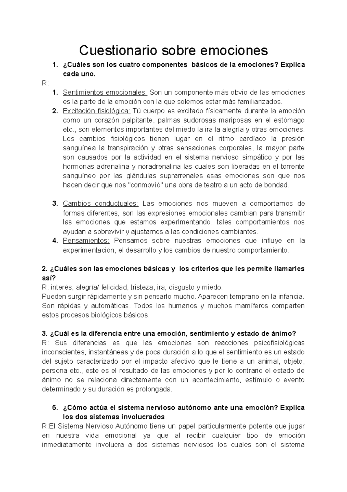 Cuestionario sobre emociones - Cuestionario sobre emociones ¿Cuáles son ...