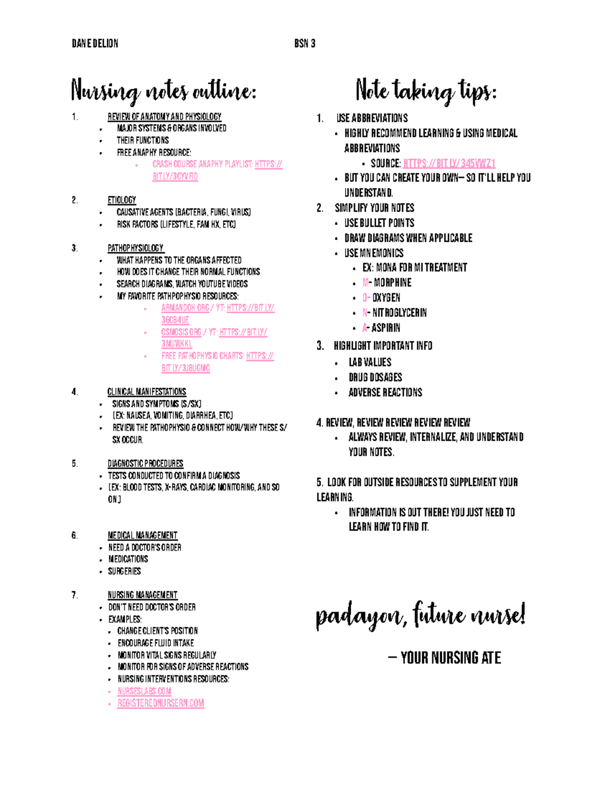 Nurse notes outline - nursing - Dane Delion BSN 3 Nursing notes outline ...
