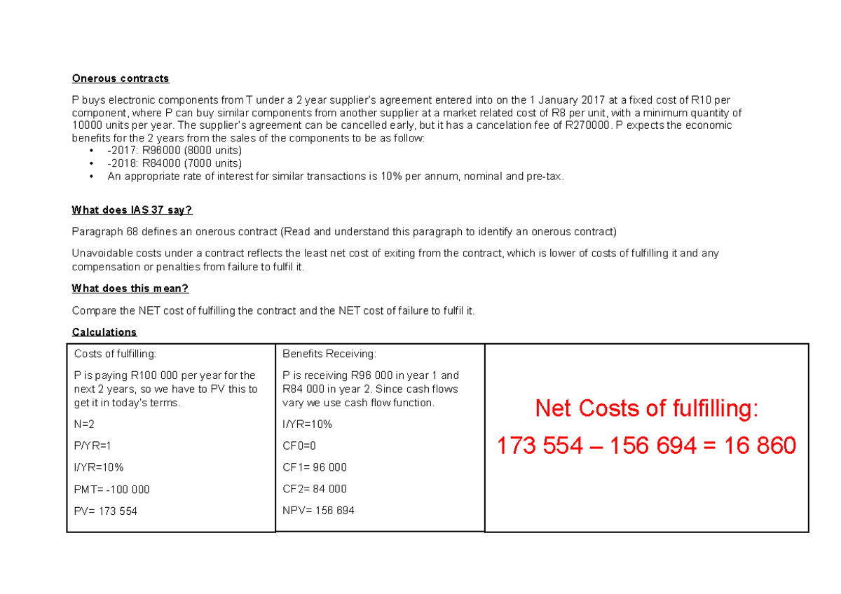 Onerous contracts - The supplier’s agreement can be cancelled early ...