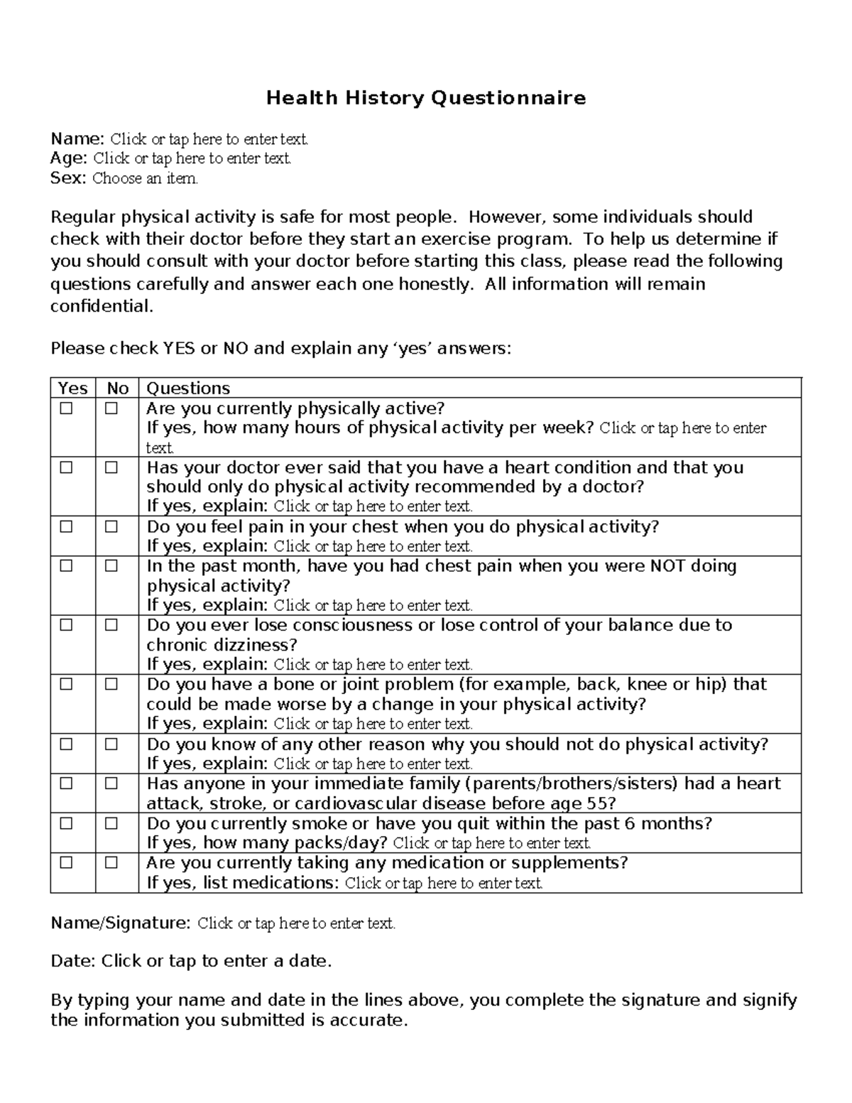 Health History Questionnaire online version - Health History ...