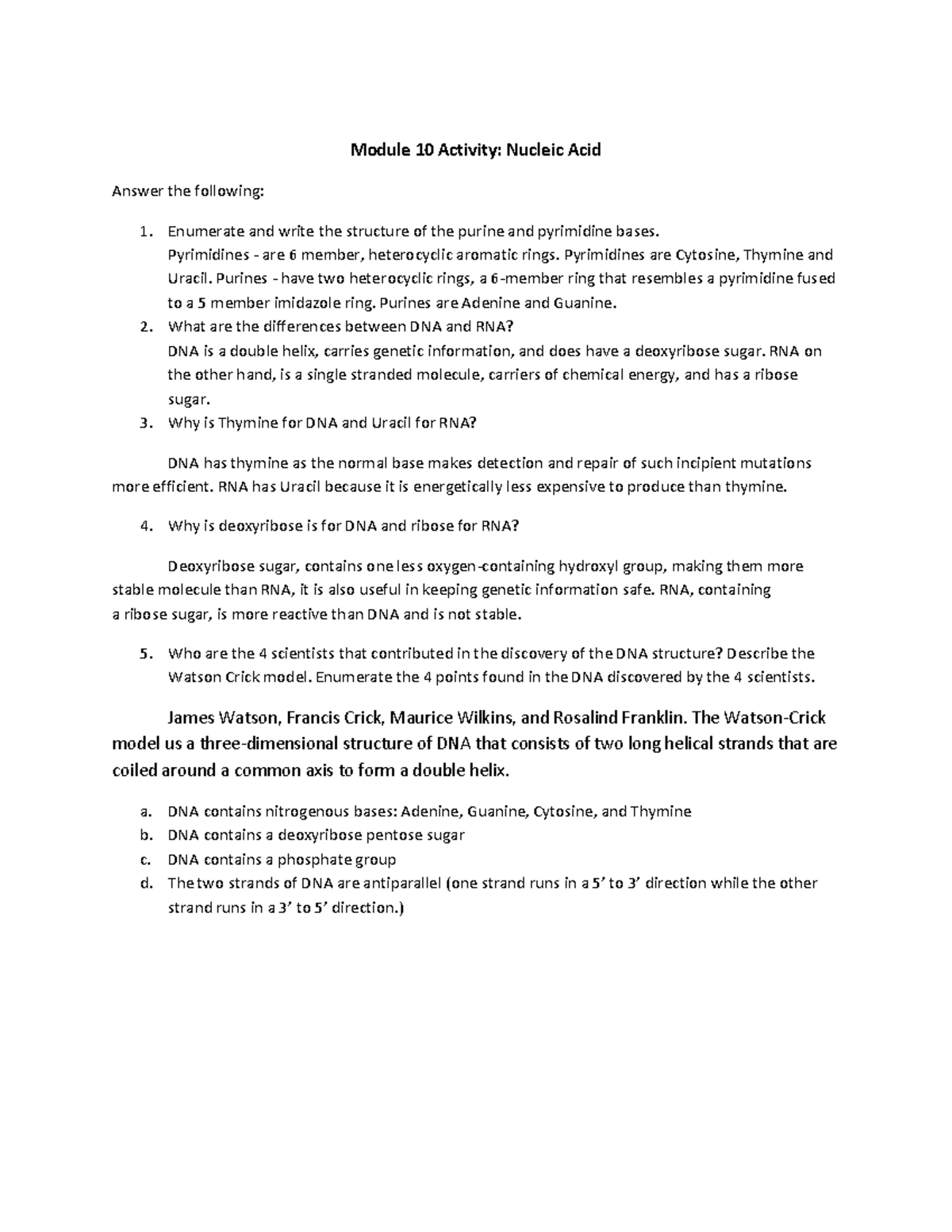 Biochemistry Module 10 Activity Nucleic ACID - Module 10 Activity ...