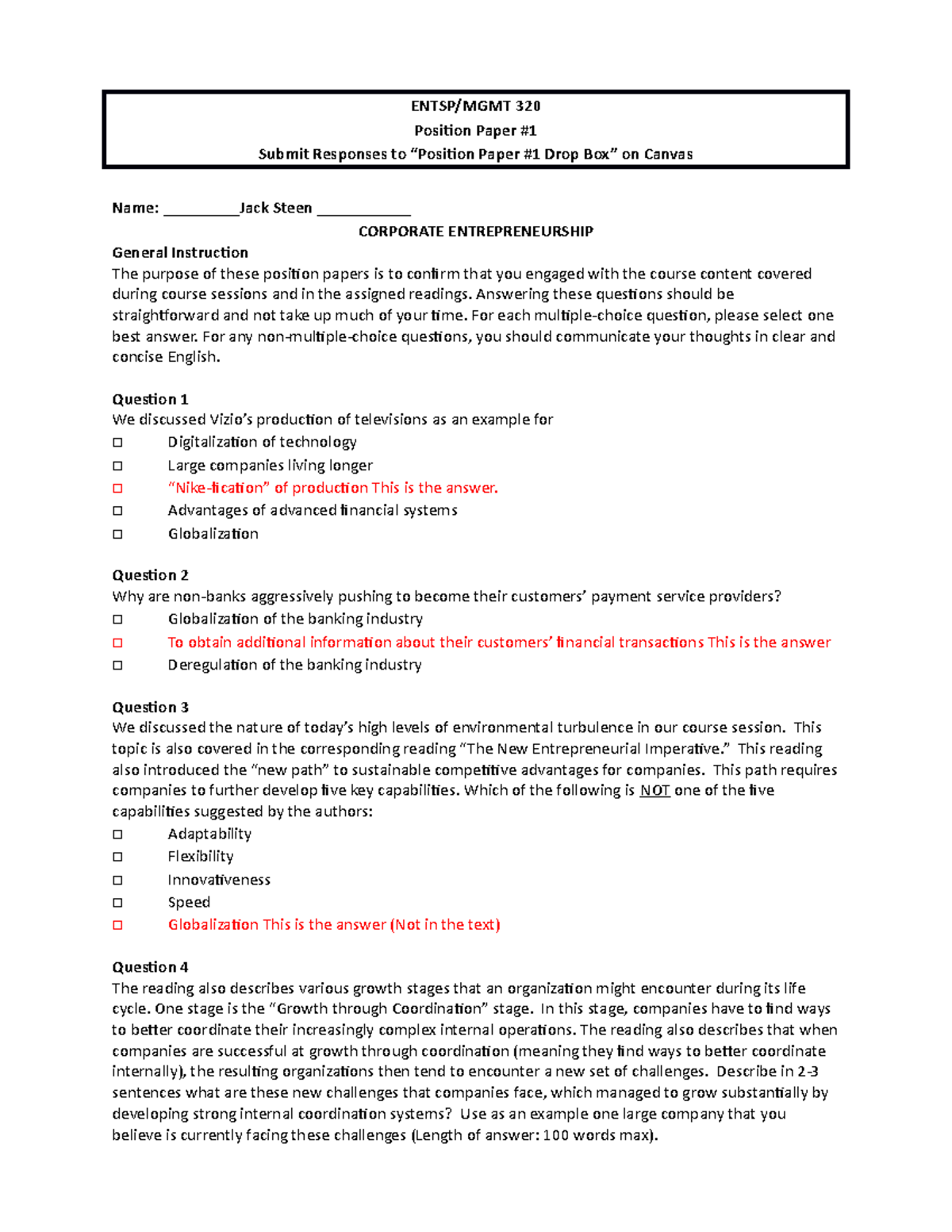 MGMT 320 - Position Paper 1 Regular Instructions - ENTSP/MGMT 320 Position Paper # Submit ...