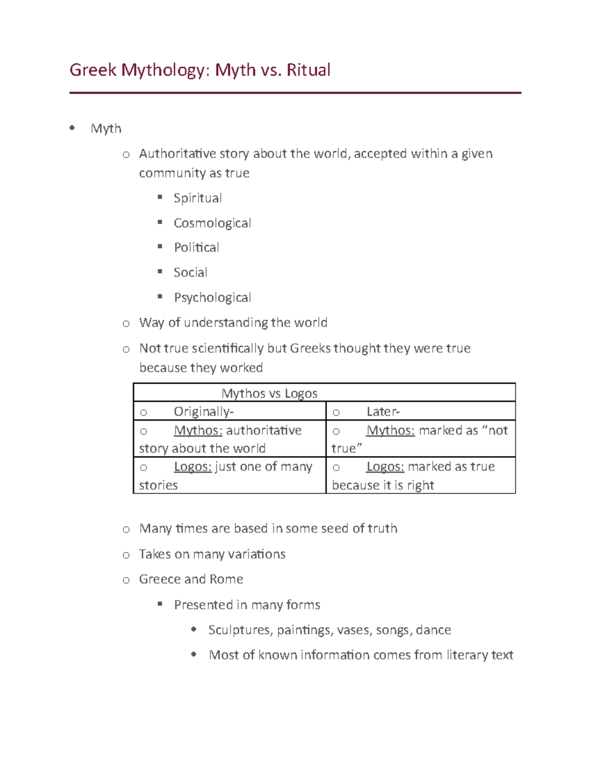 Myth vs Ritual - Greek Mythology: Myth vs. Ritual Myth o Authoritative ...