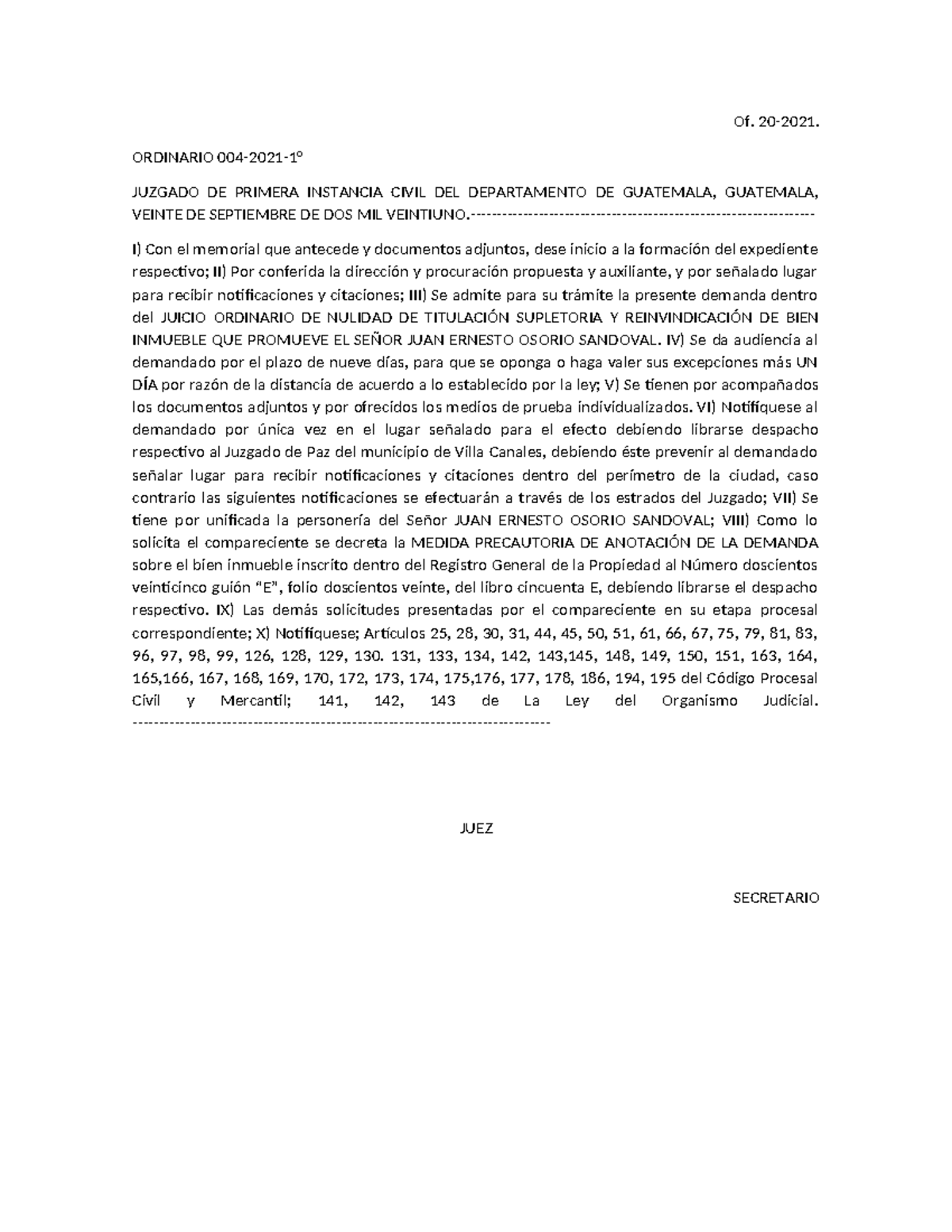 1 ejemplo de decreto - Of. 20-2021. ORDINARIO 004-2021-1° JUZGADO DE ...