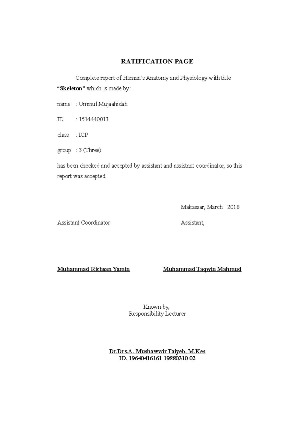 UNIT 2 - Skeleton - RATIFICATION PAGE Complete report of Human’s ...