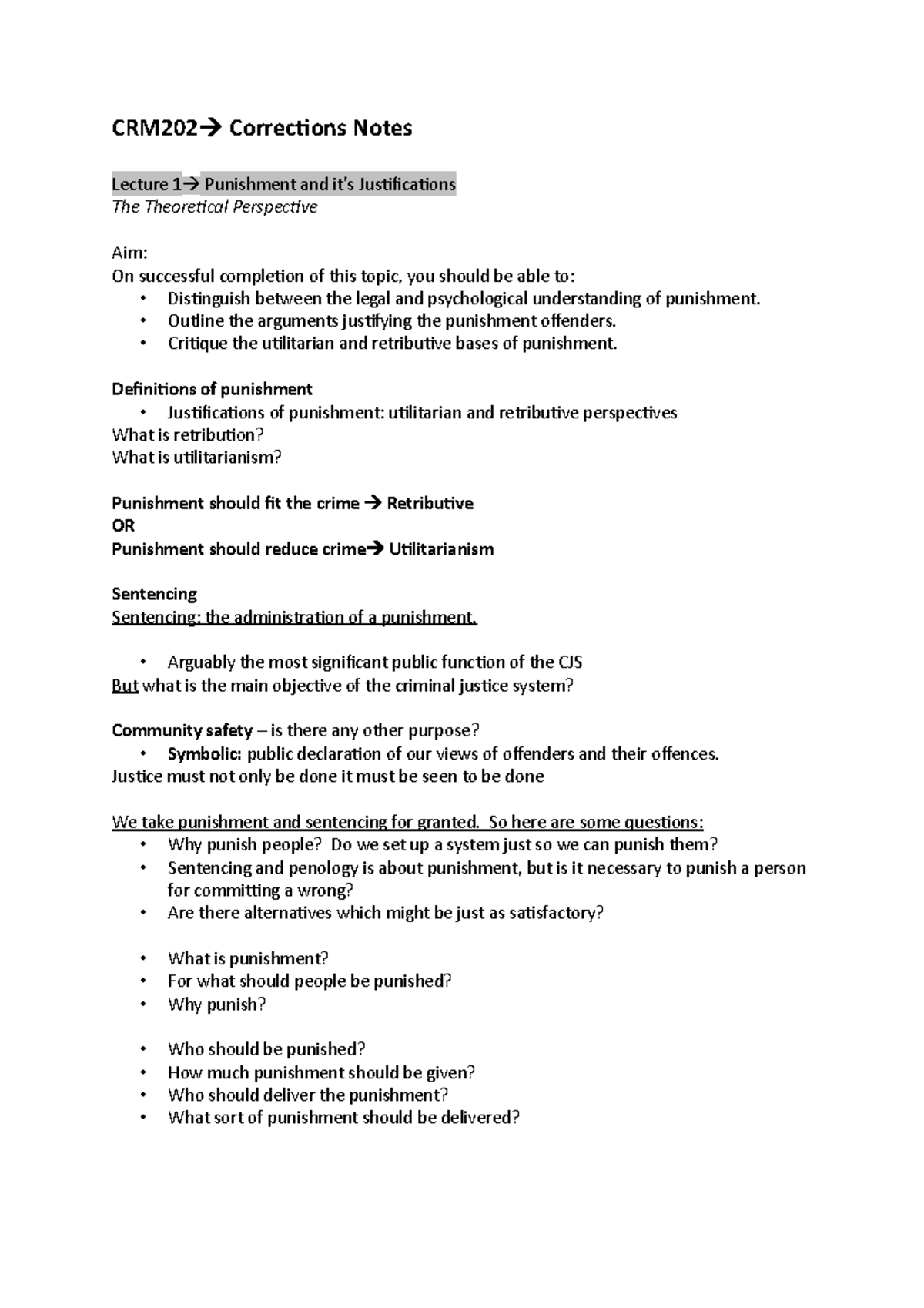 CRM202 - Quiz Notes - CRM202 Corrections Notes Lecture 1 Punishment and ...