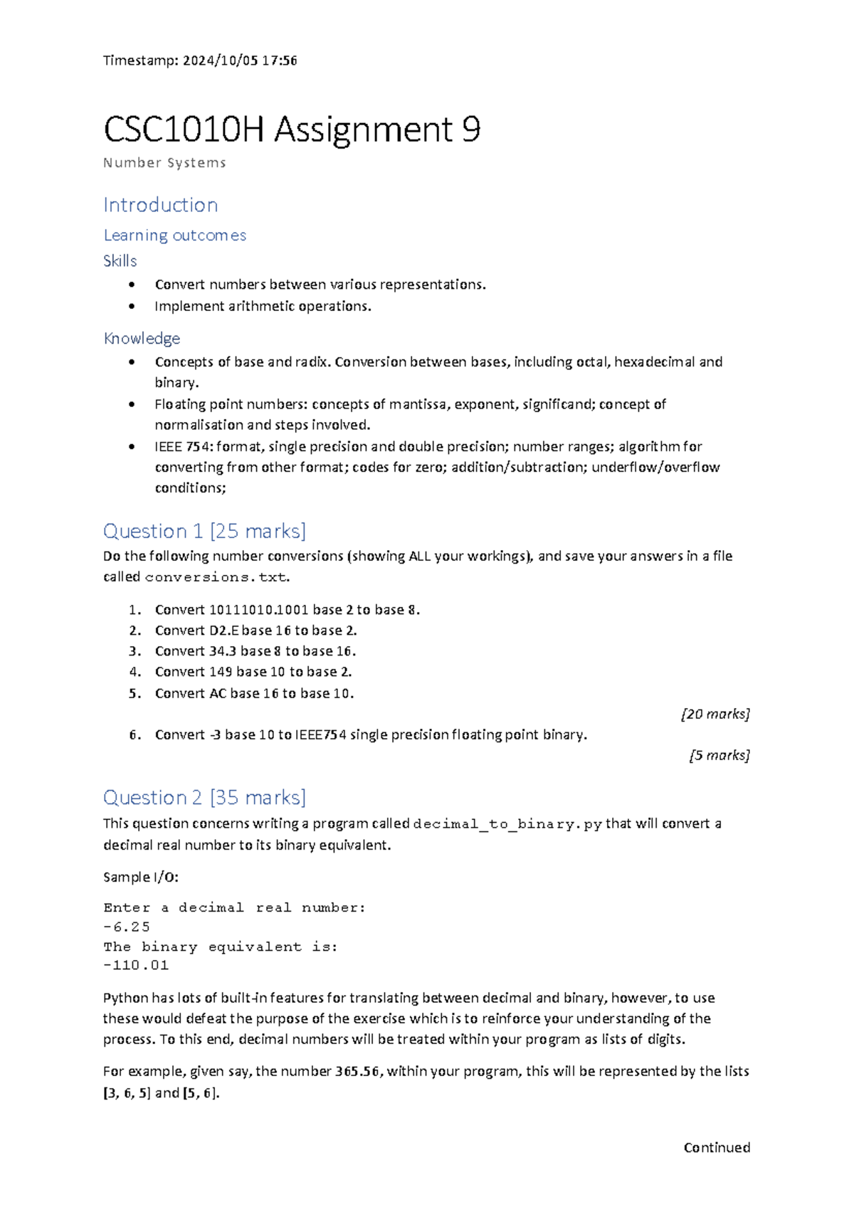 Assignment (36) - Number Systems - Timestamp: 2024/10/05 17: Continued CSC1010H Assignment 9 ...
