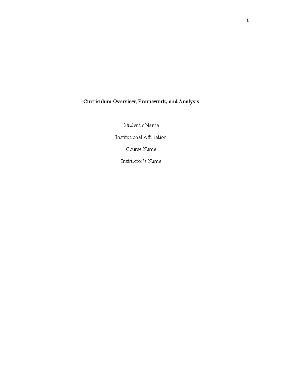 Curriculum Overview, Framework, and Analysis - ` Curriculum Overview ...