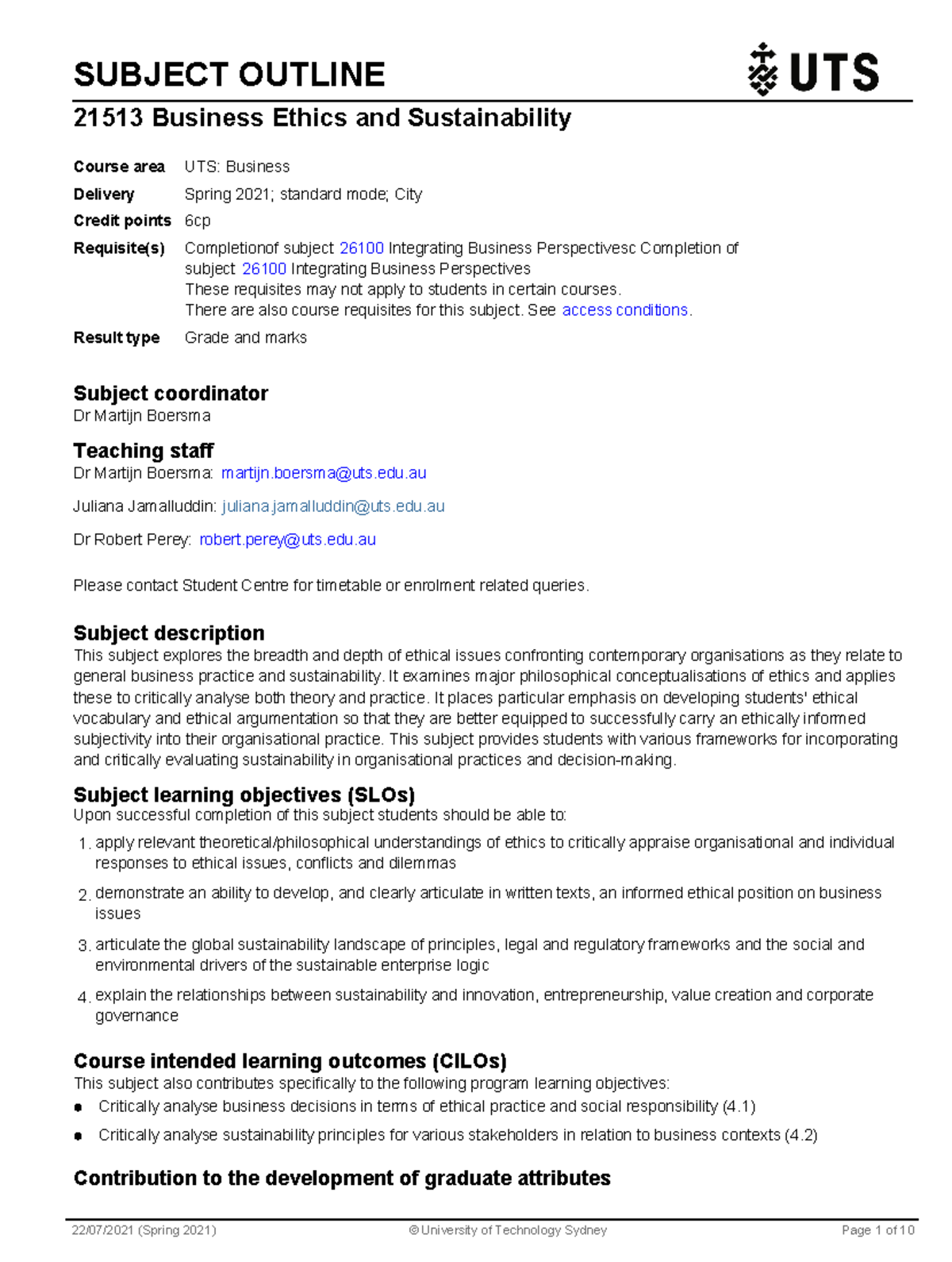 Subject Outline - SUBJECT OUTLINE 21513 Business Ethics and ...