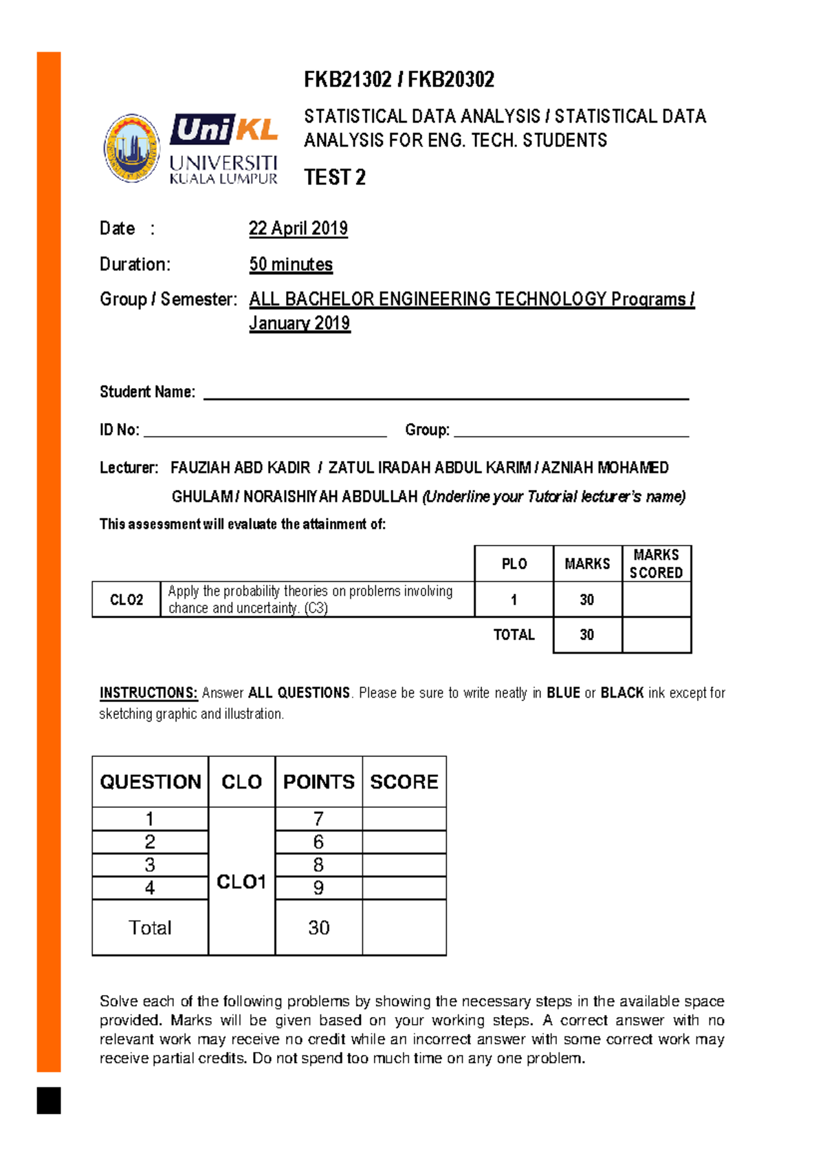 Sample Test B - Date : 22 April 2019 Duration: 50 minutes Group ...