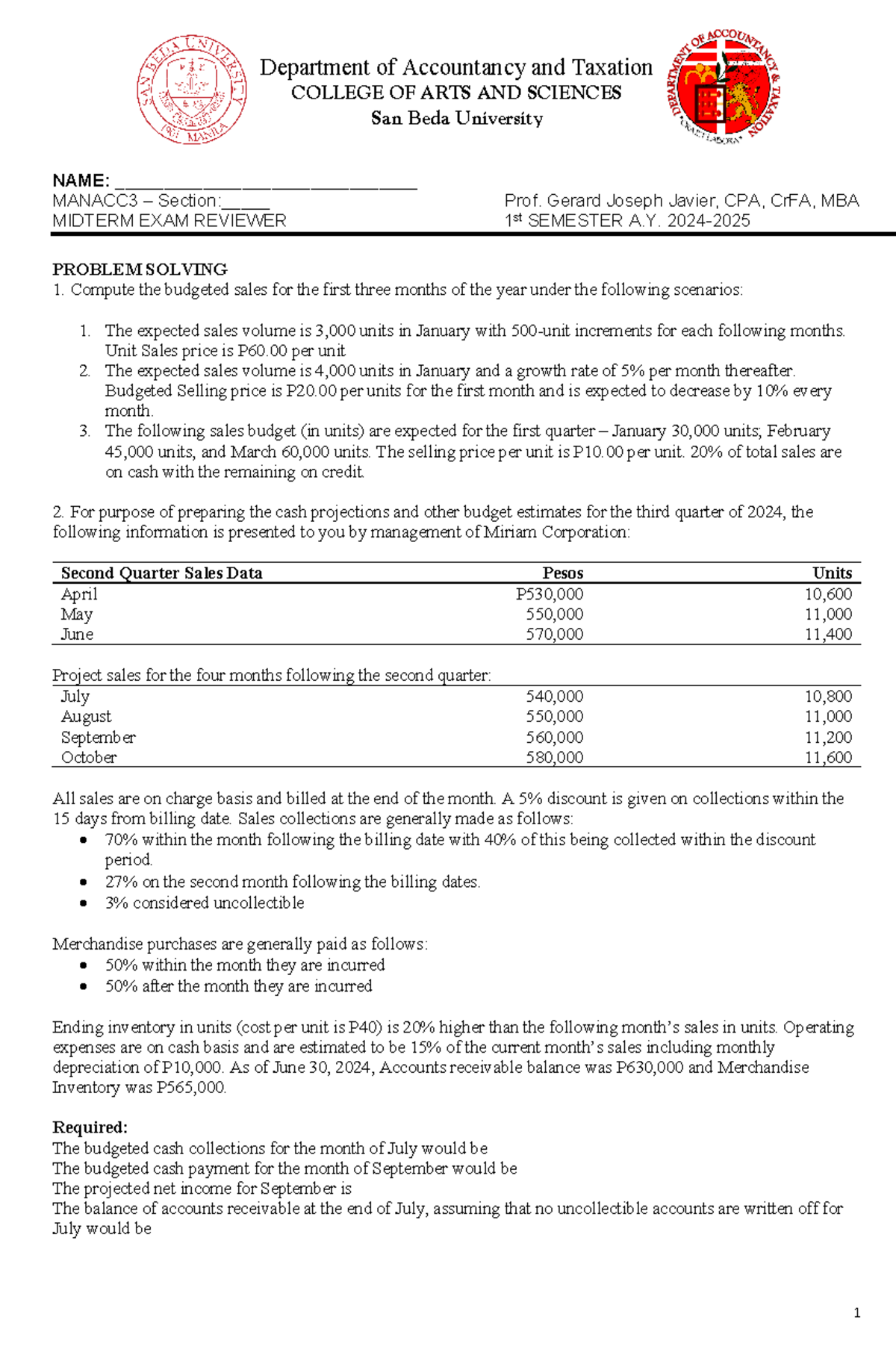 Manacc 3 Reviewer for Midterm Exam - 1 Department of Accountancy and Taxation COLLEGE OF ARTS ...