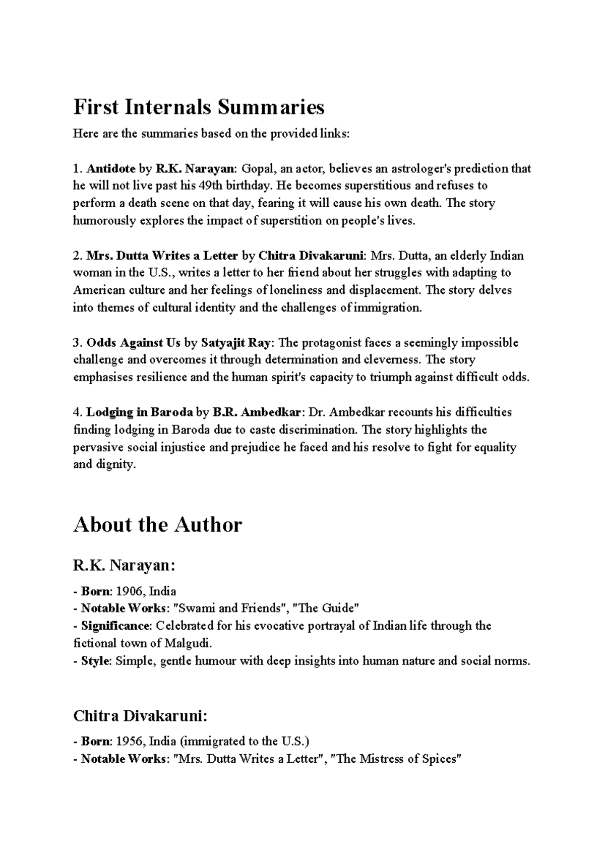 PYQP - Indian Writing - First Internals - First Internals Summaries Here are the summaries based ...