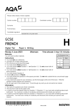 New french speaking - AQA FRENCH GCSE GENERAL CONVERSATION PRACTICE ...