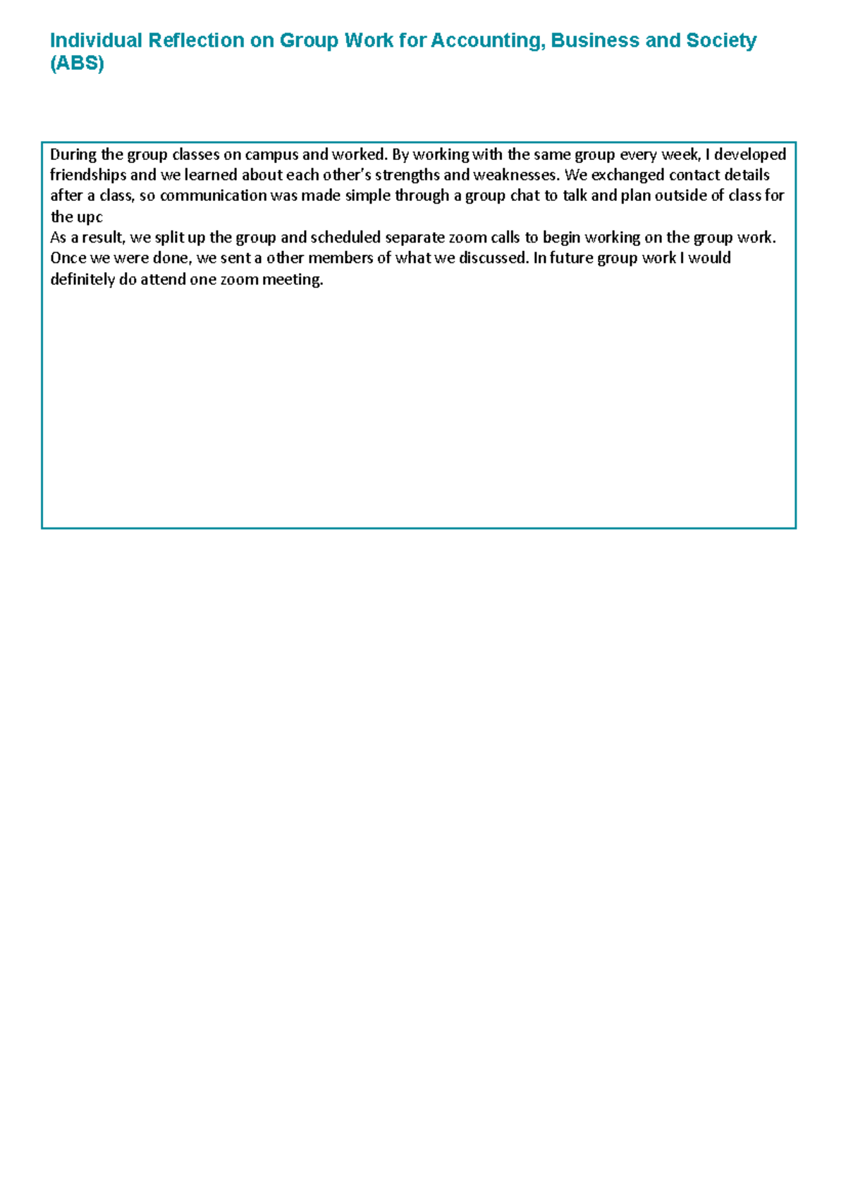 ABS Reflection - Individual Reflection on Group Work for Accounting ...
