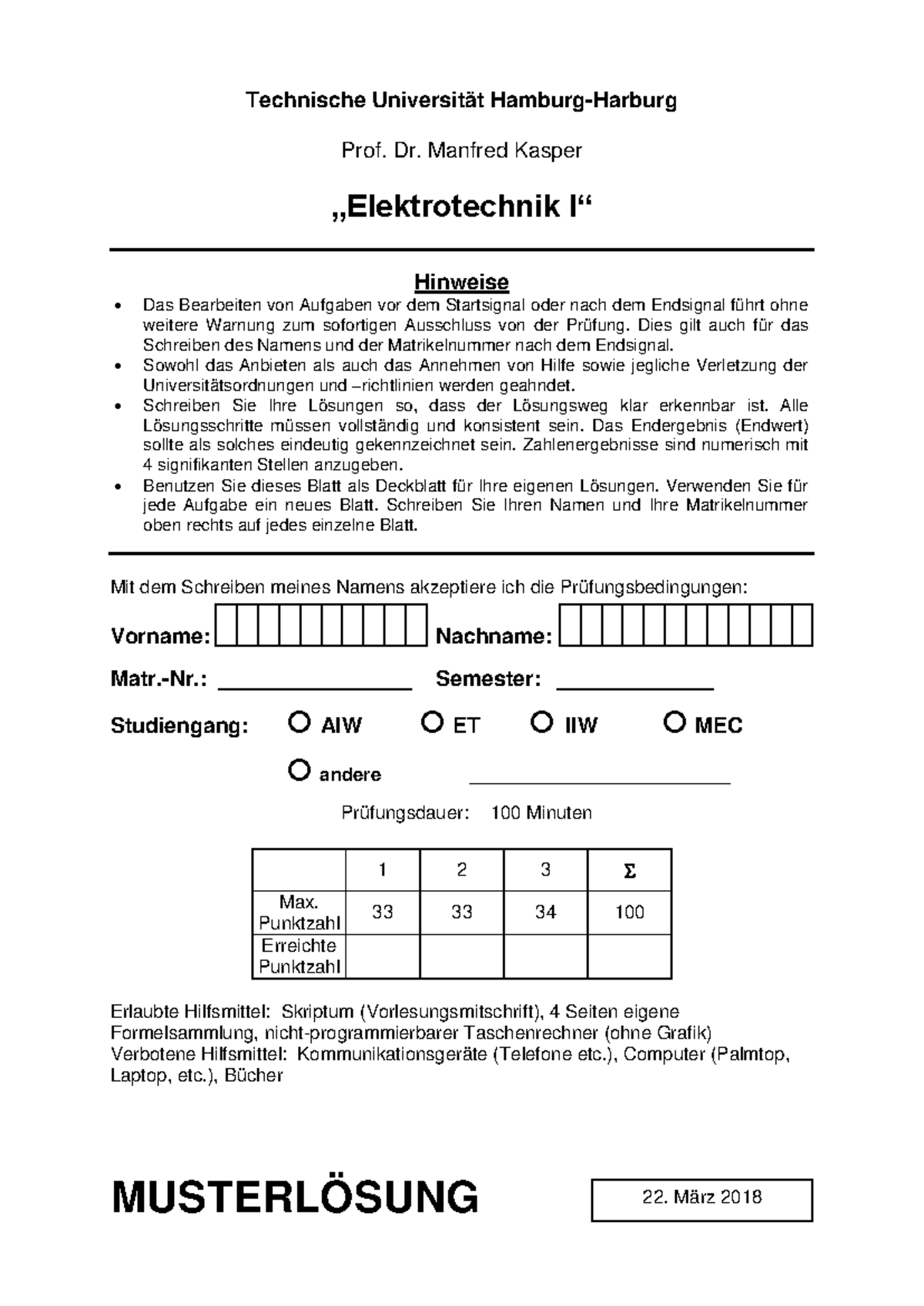 Klausur 22 März Wintersemester 2017/2018, Fragen und Antworten - Technische Universität - Studocu
